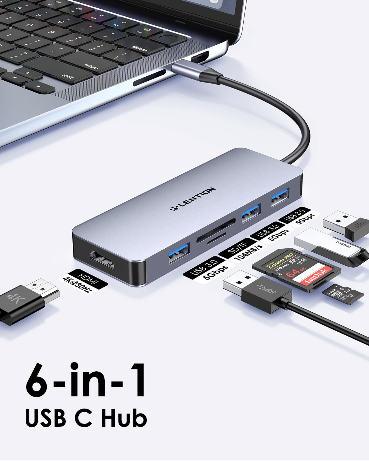 LENTION USB C Hub with 4K HDMI, 3 USB 3.0, SD/Micro SD Card Reader Compatible 2023-2016 MacBook Pro, New Mac Air/Surface, Stable Driver Certified Multi-Port Adapter (CB-C18, Space Gray)