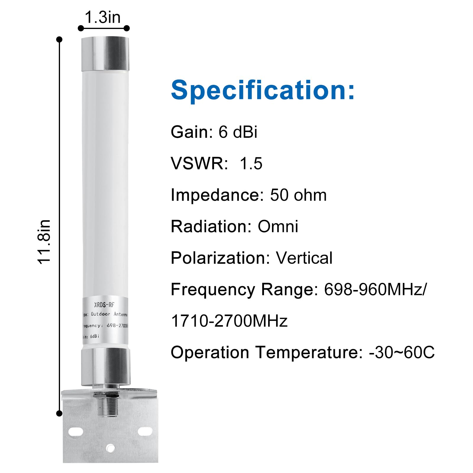 XRDS-RF 4G LTE Antenna 6dBi Omni-Directional Outdoor Fixed Mount Antenna with N Female Connector for Router, Modem, Radio, Signal Amplifier (698-2700MHz)