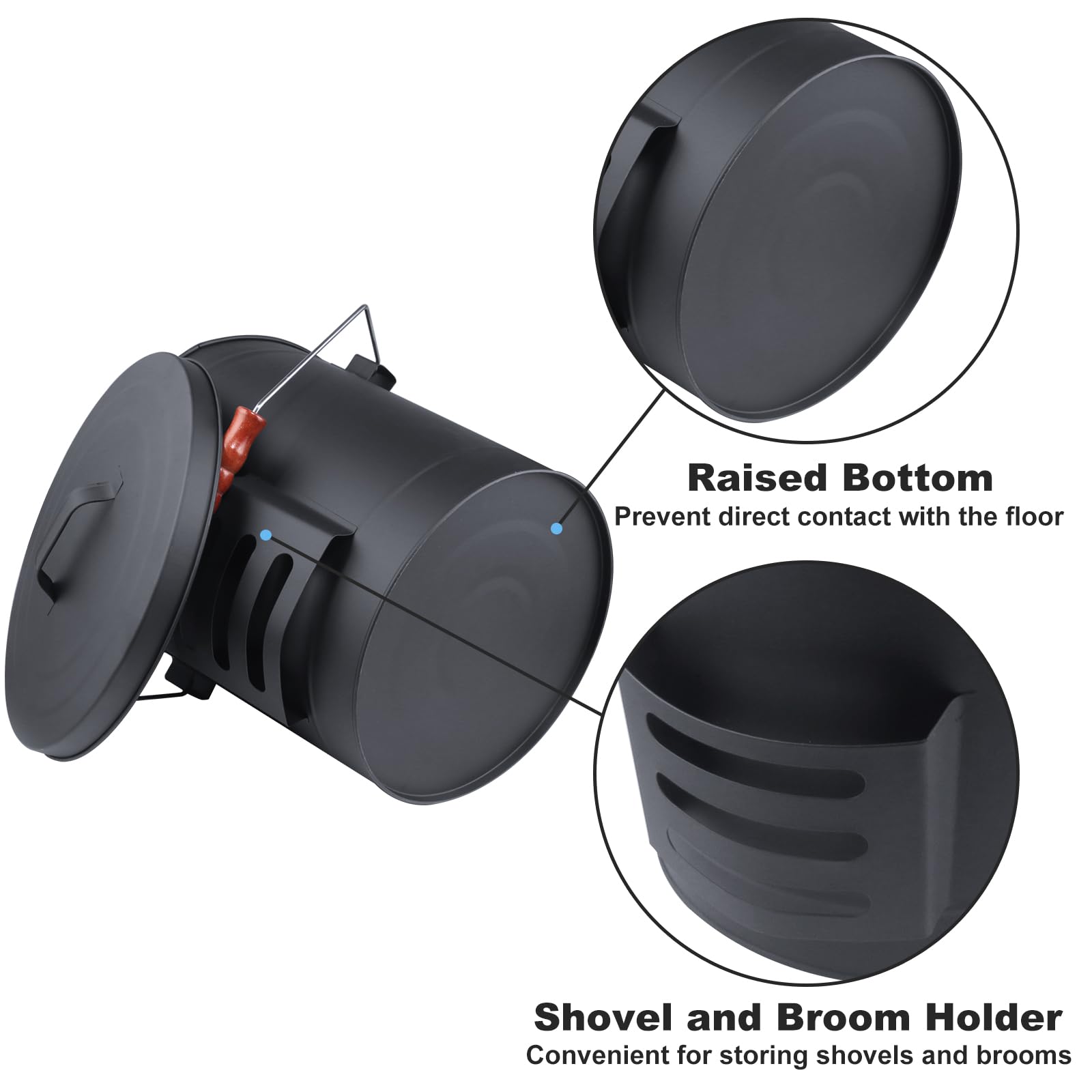 Ash Bucket with Lid and Shovel Hand Broom, 5.15 Gallon Large Galvanized Iron Metal Fireplace Tools Ash Pail for Fire Places Fire Pits Wood Burning Stoves Hearth Accessories Indoor Outdoor, Black