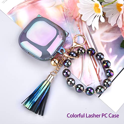 AIRSPO Clear Lasher Hard PC Protective Cover for Apple Beats Fit Pro 2021 Shockproof, Earbuds Case with Bling Bead Bracelet Keychain (Glittery Purple)