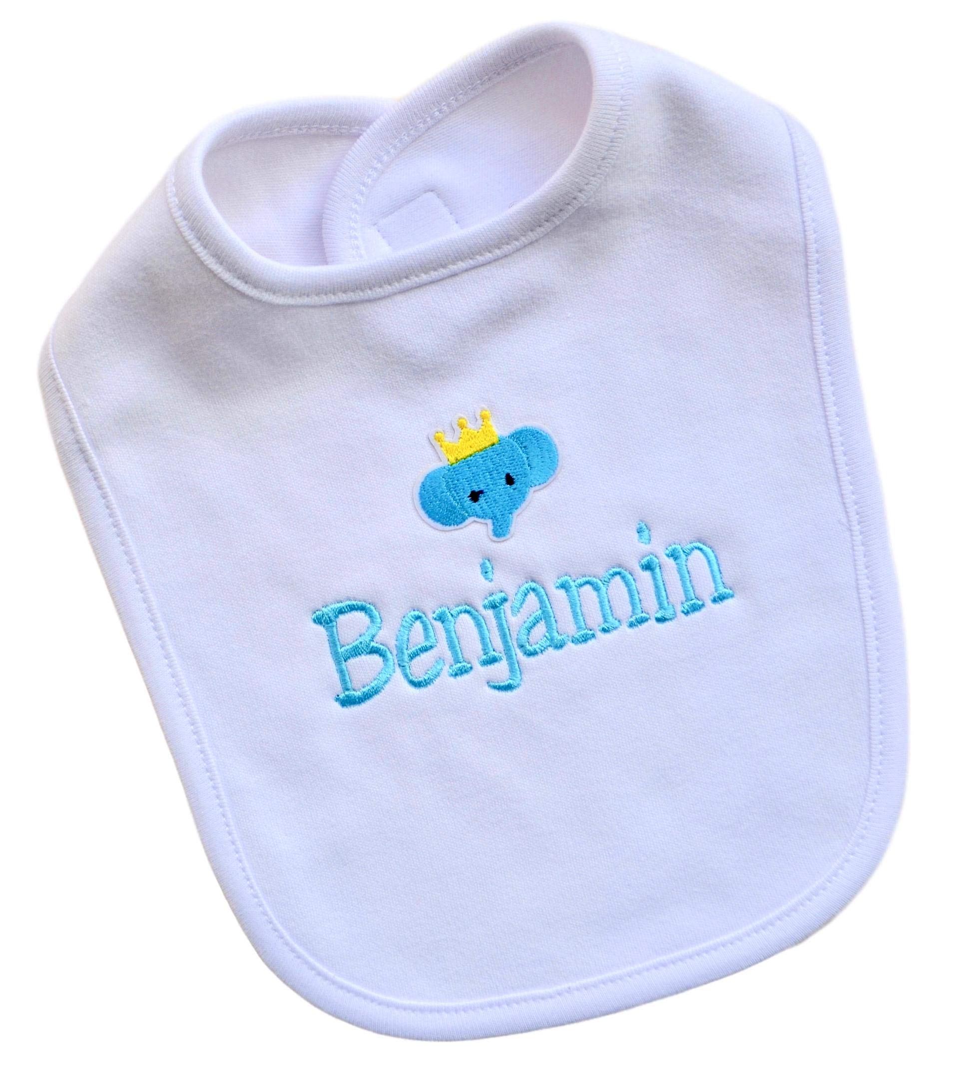 Funny Girl Designs Personalized ELEPHANT Baby Bib with Embroidered Name and Matching Cotton Hat Baby Shower Keepsake Gift Set (Blue Set)