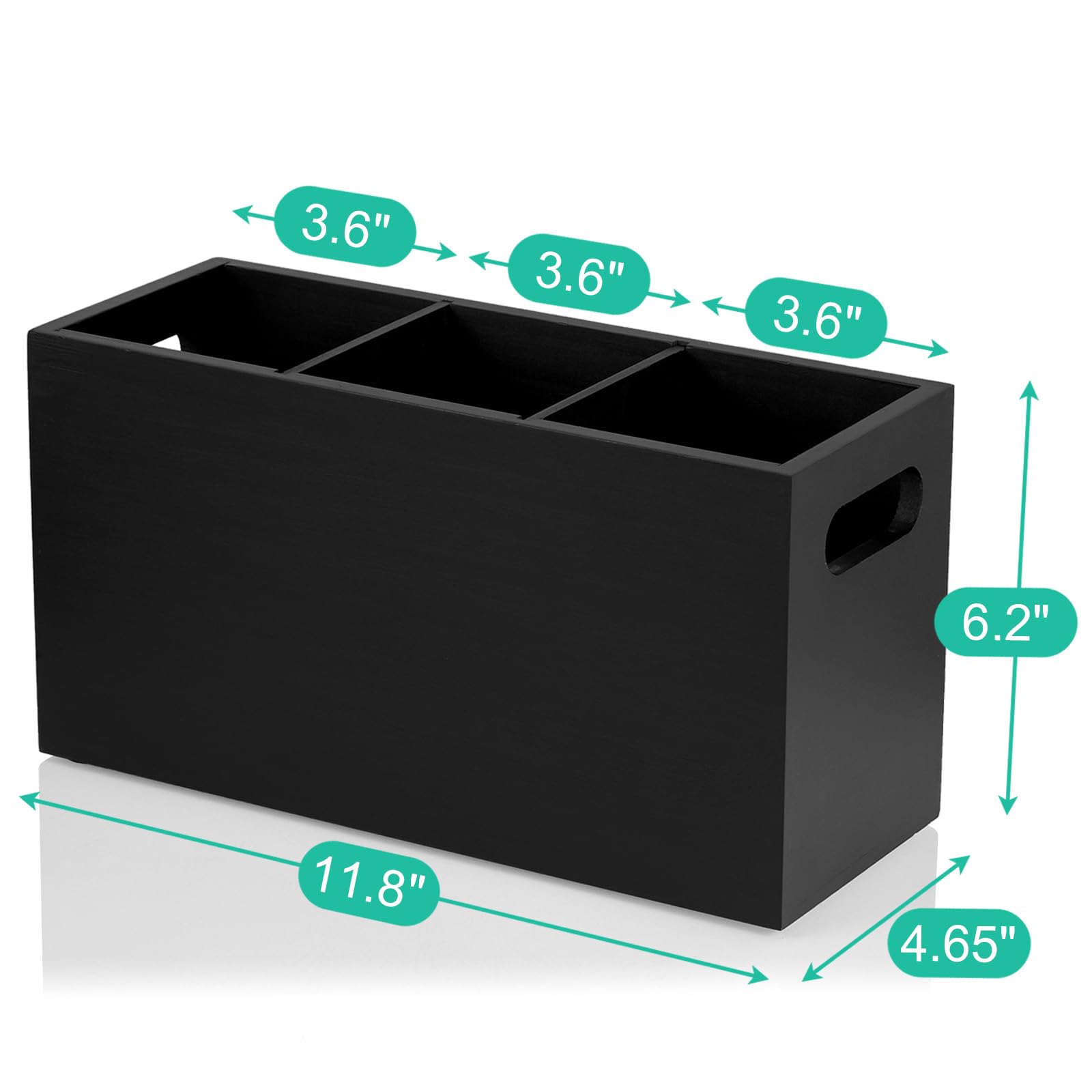 ALELION Large Utensil Holder with Removable Divider - 3 Compartment Wooden Utensil Caddy Organizer for Kitchen Counter - Black Cooking Utensil Crock for Countertop