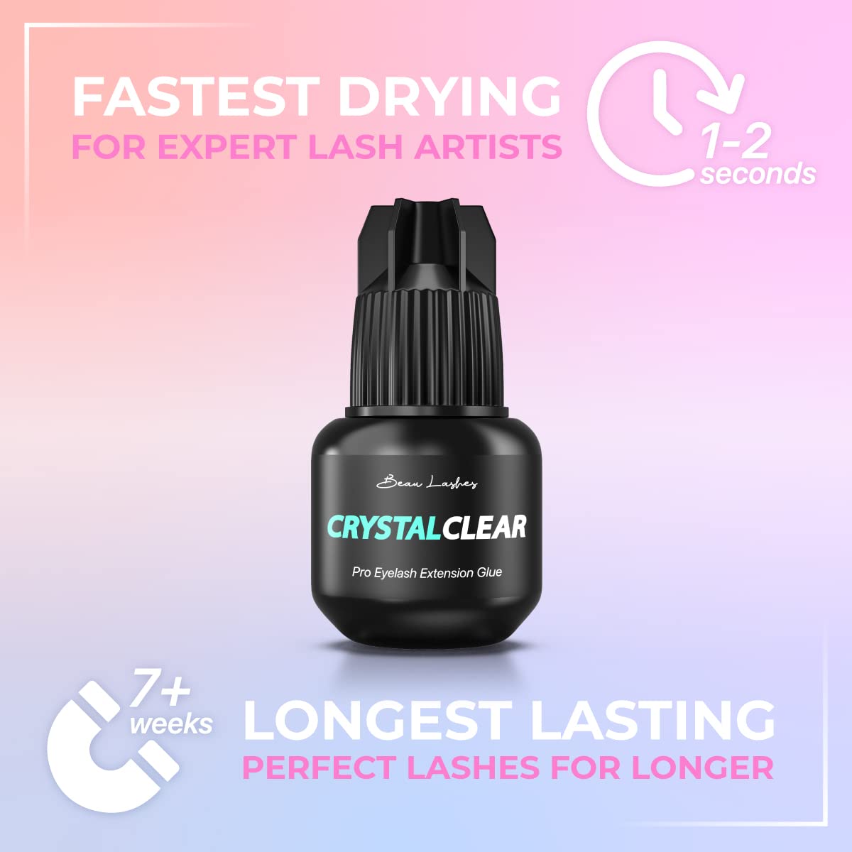 Crystal Clear Professional Eyelash Extension Glue | Super Strong Clear Lash Adhesive for Long Lasting Semi Permanent Individual Lash Eyelash Extensions | 1-2s Fast Drying / 7 Weeks Retention