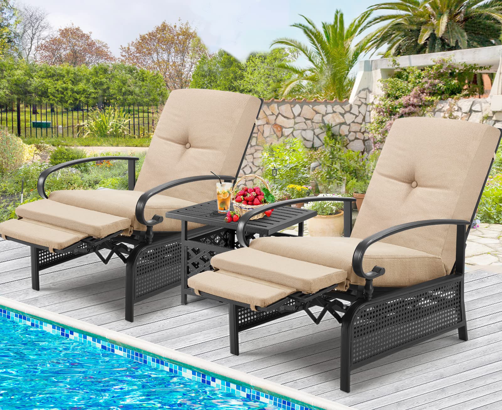 AECOJOY Outdoor Recliner Chair, Patio Outdoor Lounge Chairs with Adjustable Back, Pool Lounge Chairs with Beige Olefin Cushions (Removable)