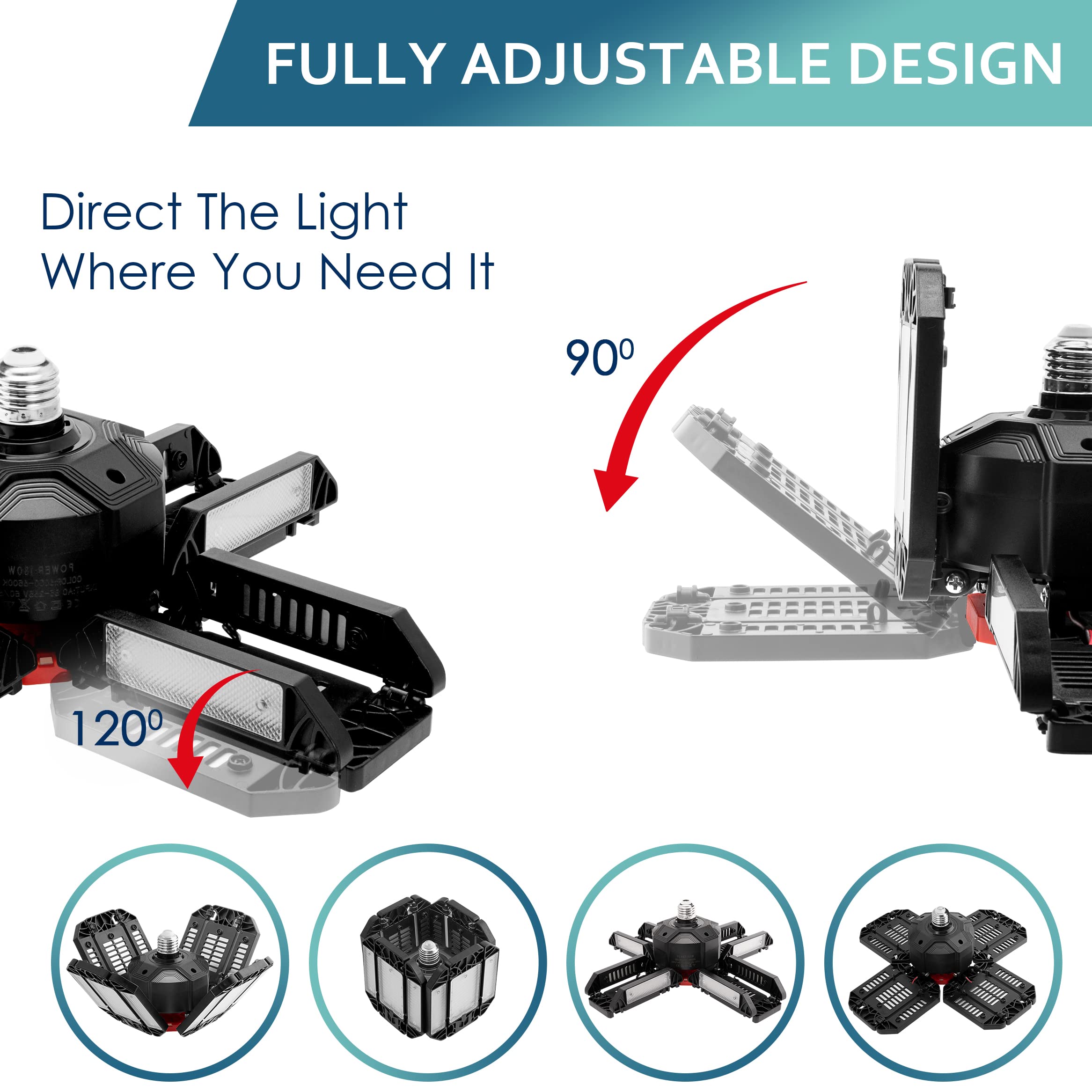 Asani LED Garage Light - Super Bright 1800 Lumen LED Ceiling Light with 12 Adjustable Panels - Easily Screws Into Standard E27 Bulb Socket - LED Shop Lights for Workshop, Barn, Storage - 180W (Bright)