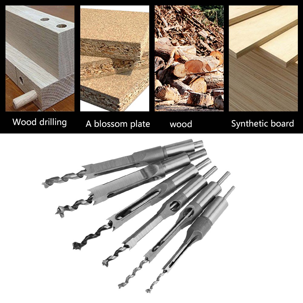 Hole Drill Bits, 6Pcs Steel Woodworking Hole Saw Mortising Chisel Mortiser Drill Bit Tool Set for Woodworker Carpenter DIY Wood Working, 1/4, 5/16, 3/8, 1/2, 9/16, 5/8-Inch
