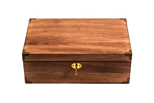 Burned Storage Keepsake Box with key locking - Wooden Storage Box with Chamois Leather Lining - Large Gift Box with Hinged Lid - Wood Decorative Storage Box with Lid (Burned)