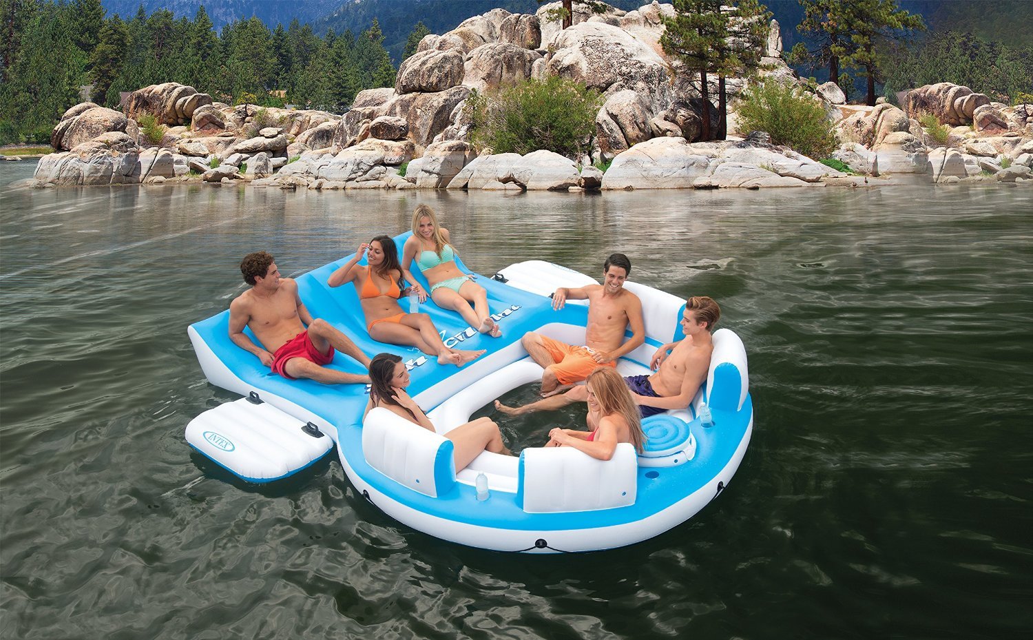 Intex Inflatable Splash N Chill Island Lake Raft Lounger for Up to 7 Adults and Wet Set Adhesive Vinyl Tube Repair Patch 6 Pack Kit