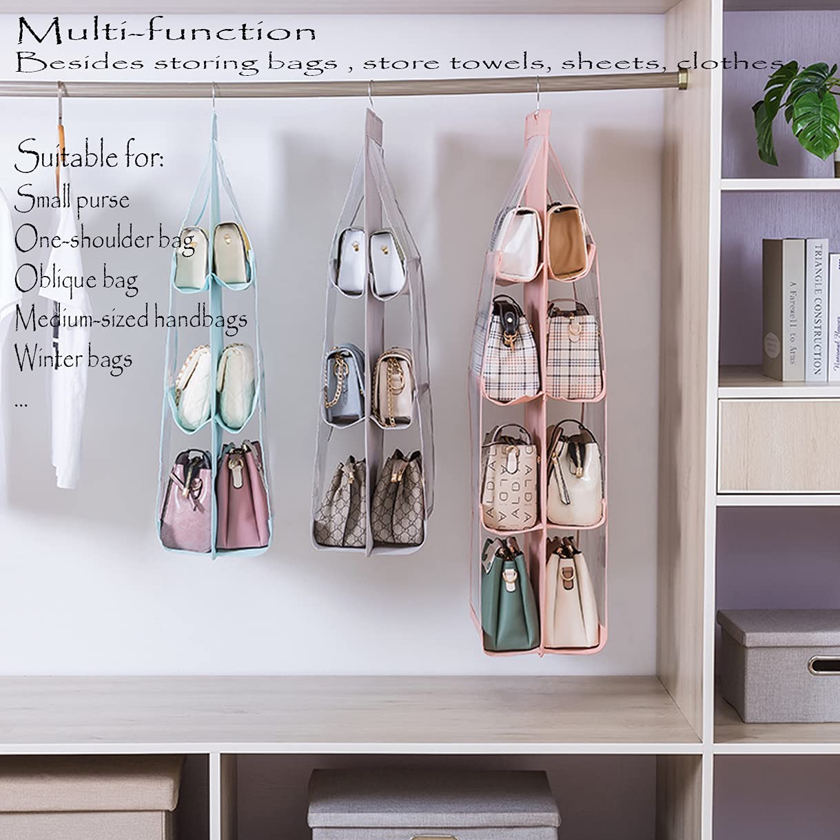 MURRI&MURRDI 2 Packs Hanging Handbag Organizer for Closet, Purse Storage Holder with 8 Easy Access Clear PVC Pockets, Purse Hanger for Wardrobe Space Saving Organizer (2 Gray)