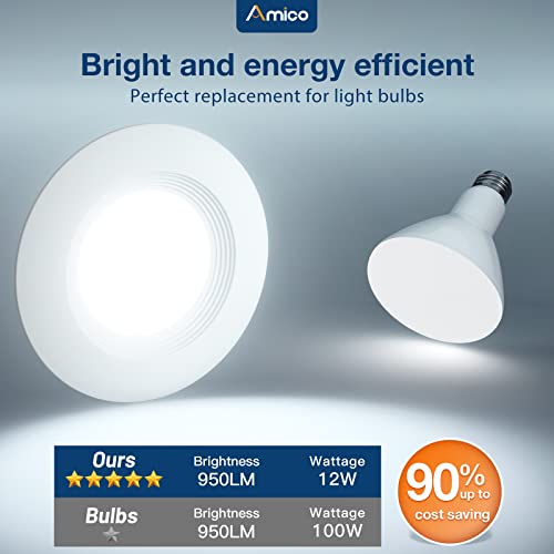 Amico 5/6 inch 5CCT LED Recessed Lighting 12 Pack, Dimmable, Damp Rated, 12.5W=100W, 950LM Can Lights with Baffle Trim, 2700K/3000K/4000K/5000K/6000K Selectable, Retrofit Installation - ETL & FCC