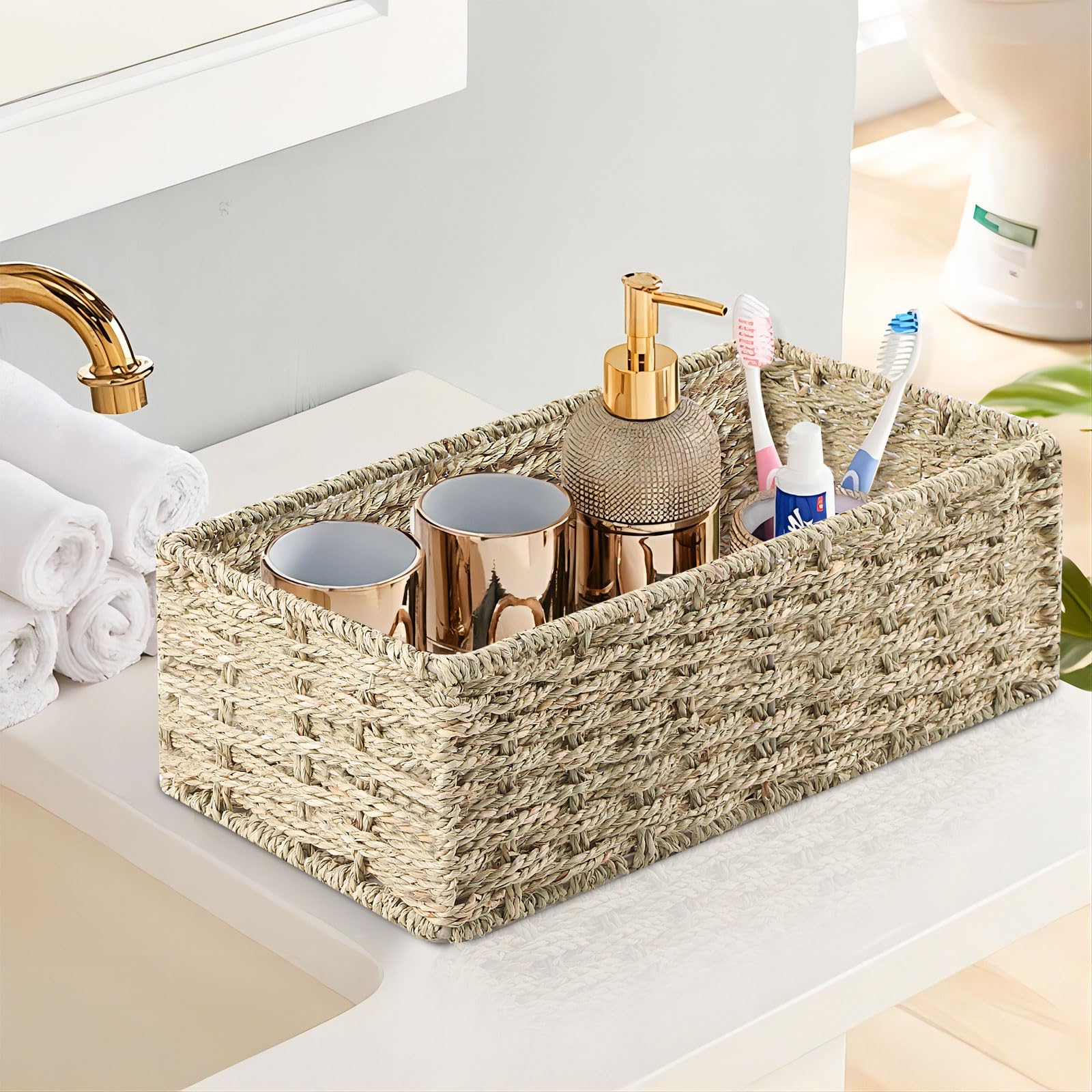 YheenLf Wicker Storage Baskets, Decorative Open Storage Bins for Shelves, Woven Baskets Storage Containers, Storage Box, Seagrass, Set of 2, 14.6 x 6.5 x 4.3 in