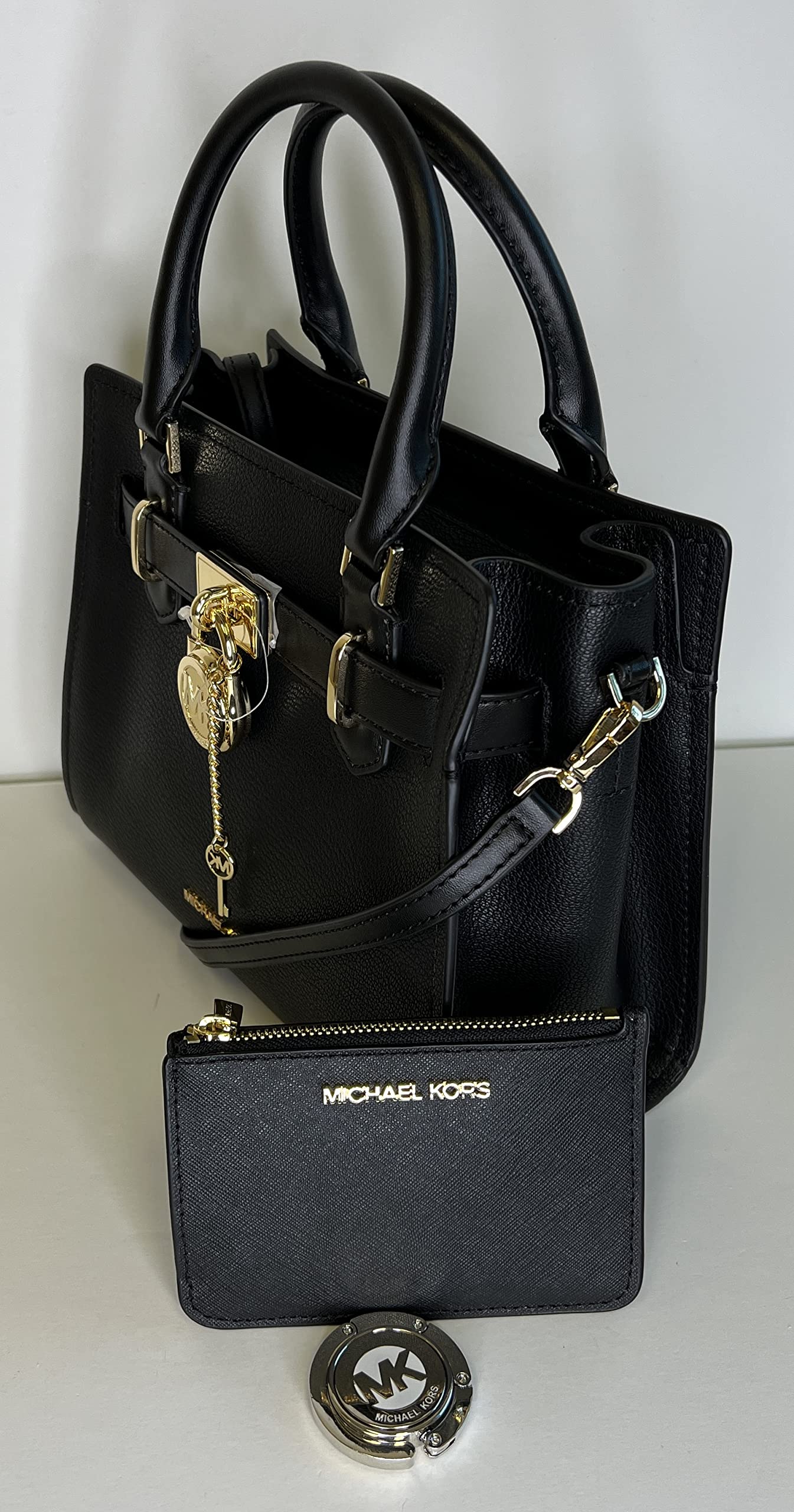 Michael Kors MICHAEL Michael Kors Hamilton SM Satchel bundled with SM TZ Coinpouch Purse Hook (Black)