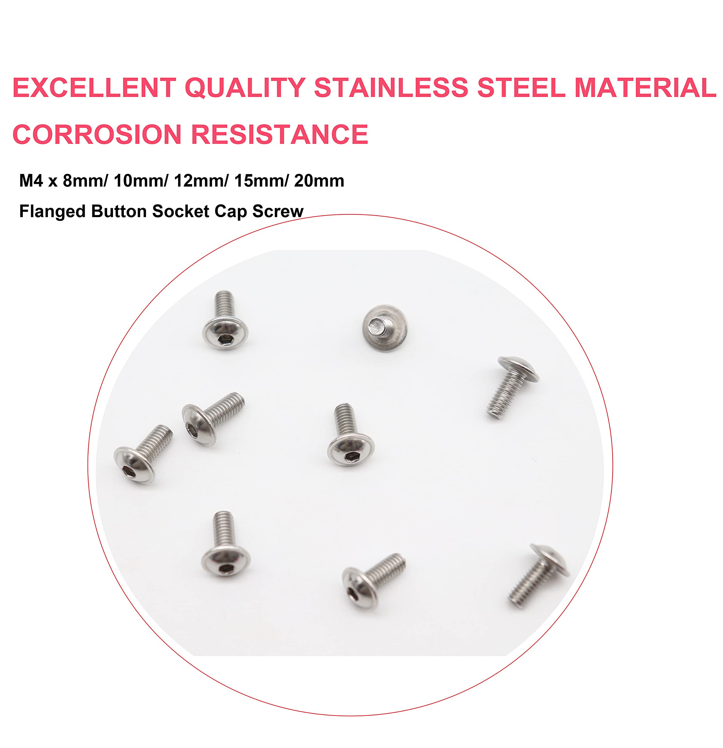 cSeao 100pcs Flanged Button Head Socket Cap M4 Screws Kit, M4x8mm/ 10mm/ 12mm/ 15mm/ 20mm, 304 Stainless Steel 18-8, Allen Socket Drive, Bright Finish, Fully Machine Threaded