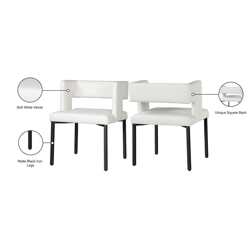 Meridian Furniture Caleb Collection Modern | Contemporary Upholstered Dining Chair with Squared Back and Sturdy Iron Legs, Set of 2, White Faux Leather, Matte Black, 23" W x 21" D x 30" H