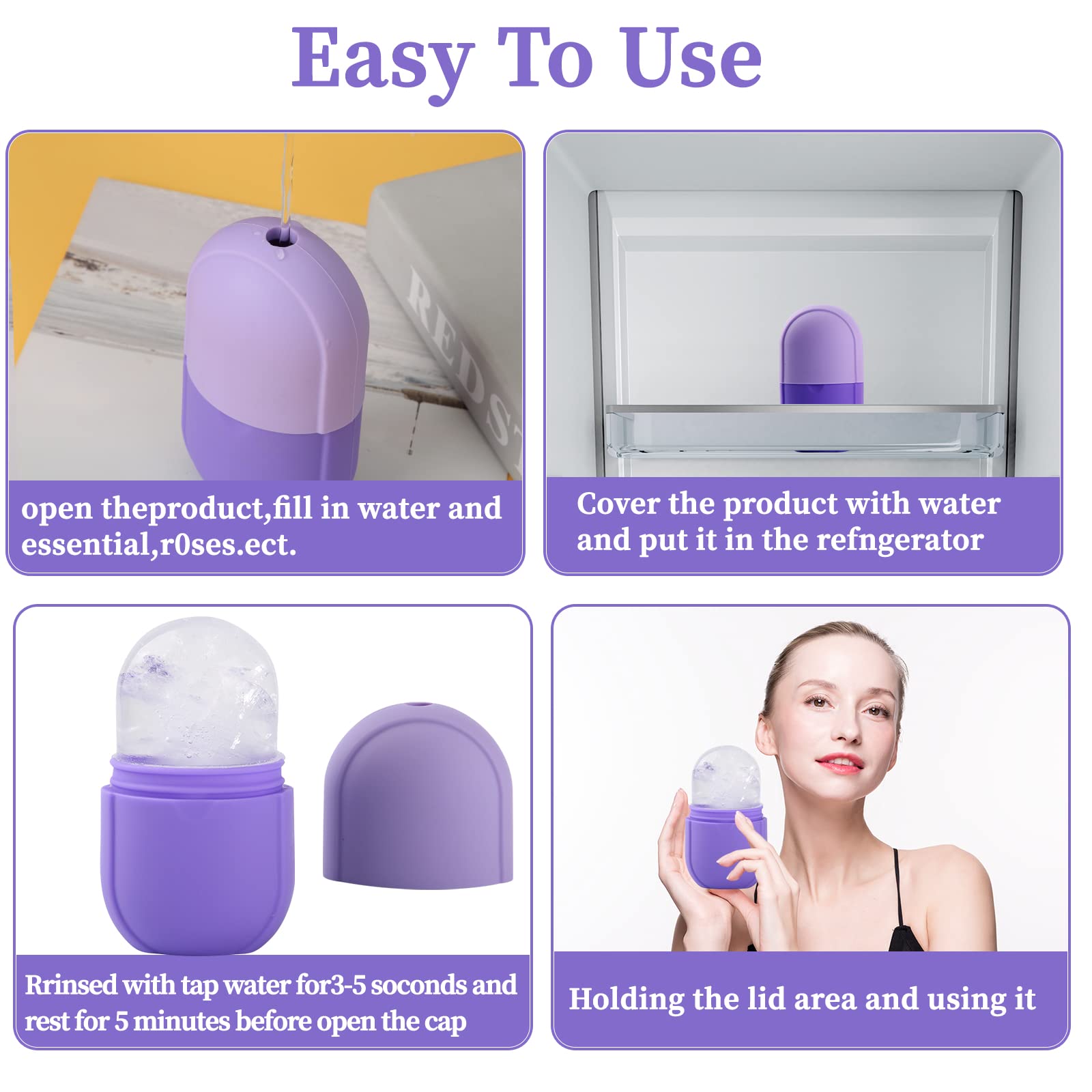 Ice Roller Mold-Ice Roller for Face and Eye,Beauty Cube Brighten Skin &Enhance Natural Glow &Remove Fine Lines,Facial Beauty Ice Roller Skin Care Tools (Oval, purple)