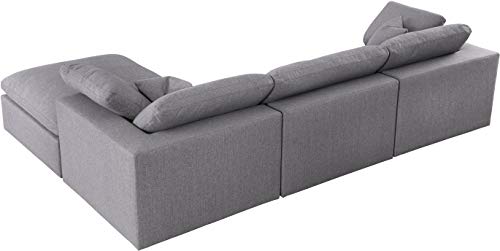 Meridian Furniture Serene Collection Modern | Contemporary Deluxe Comfort Modular Sectional, Soft Linen Textured Fabric, Down Cushions, 2 Corner + 1 Armless + 1 Ottoman, Grey