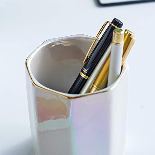 YOSCO Ceramic Desk Pen Holder Stand Cute Pencil Cup Pot Desk Organizer Makeup Brush Holder (Pearl)