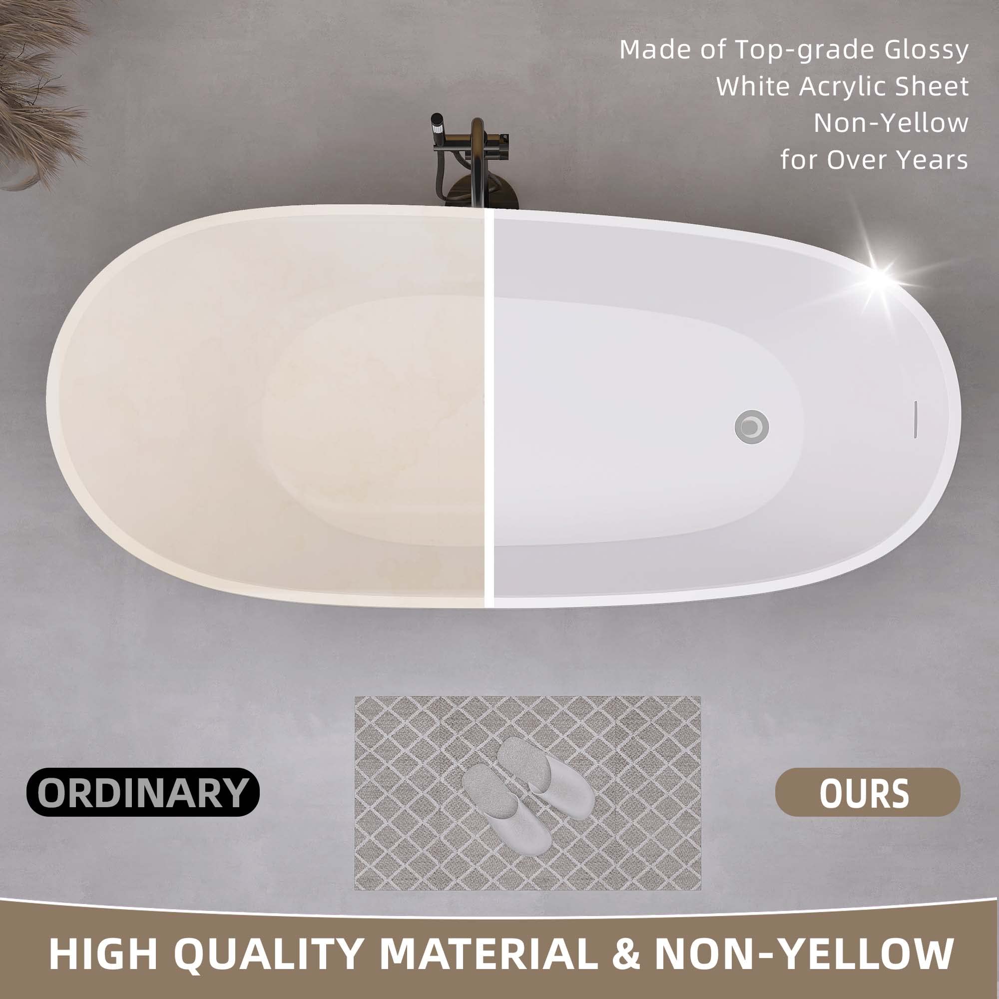 GETPRO Free Standing Tub 59" Acrylic Freestanding Bathtub Adjustable Soaking Bath Tub Oval Shape with Integrated Slotted Overflow and Chrome Anti-clogging Drain Glossy White