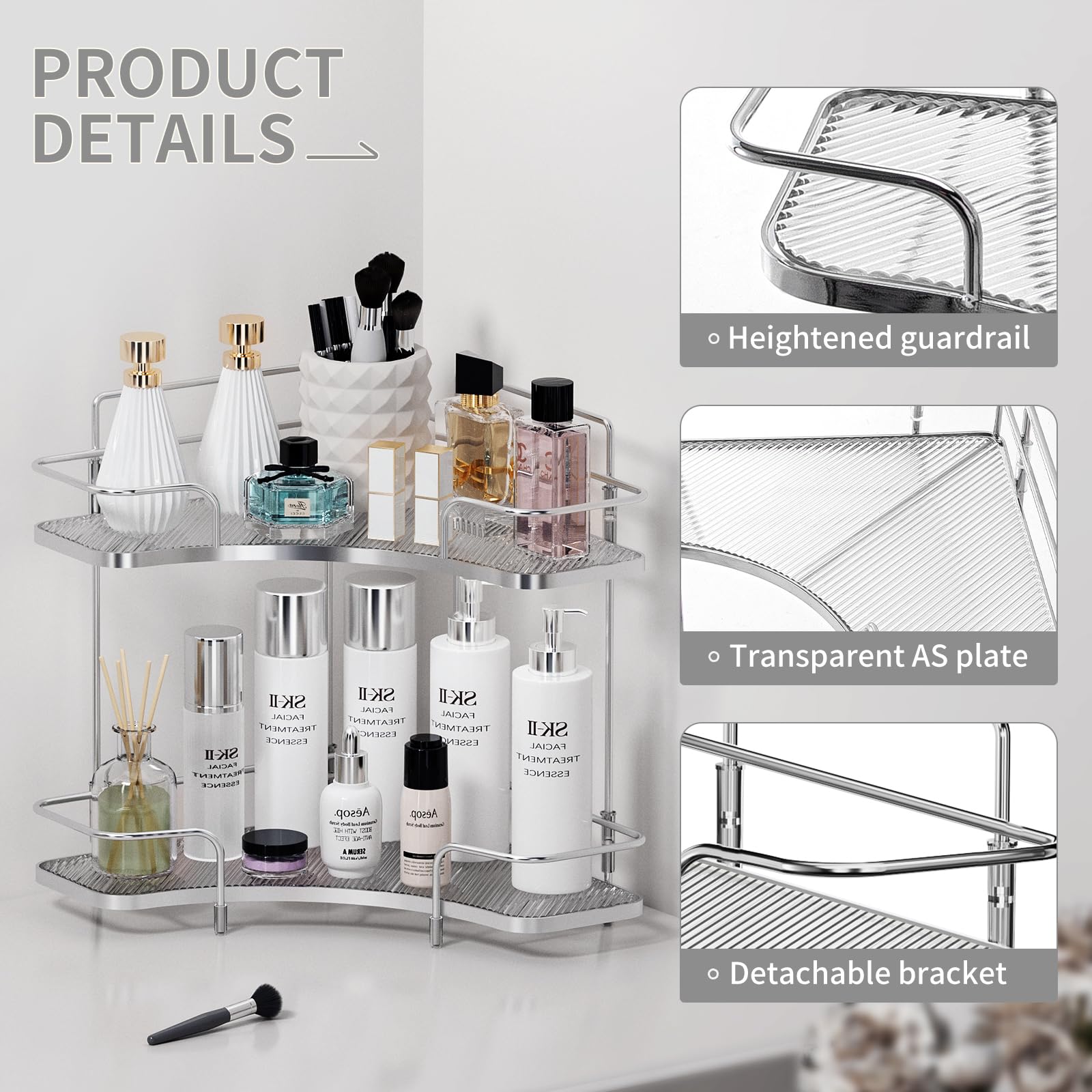 INVSSENE 2 Tiers Bathroom Organizer Countertop, Skincare Organizer, Makeup Organizer for Vanity, Cosmetic Storage Shelf, Perfume Display Tray - Plain Silver