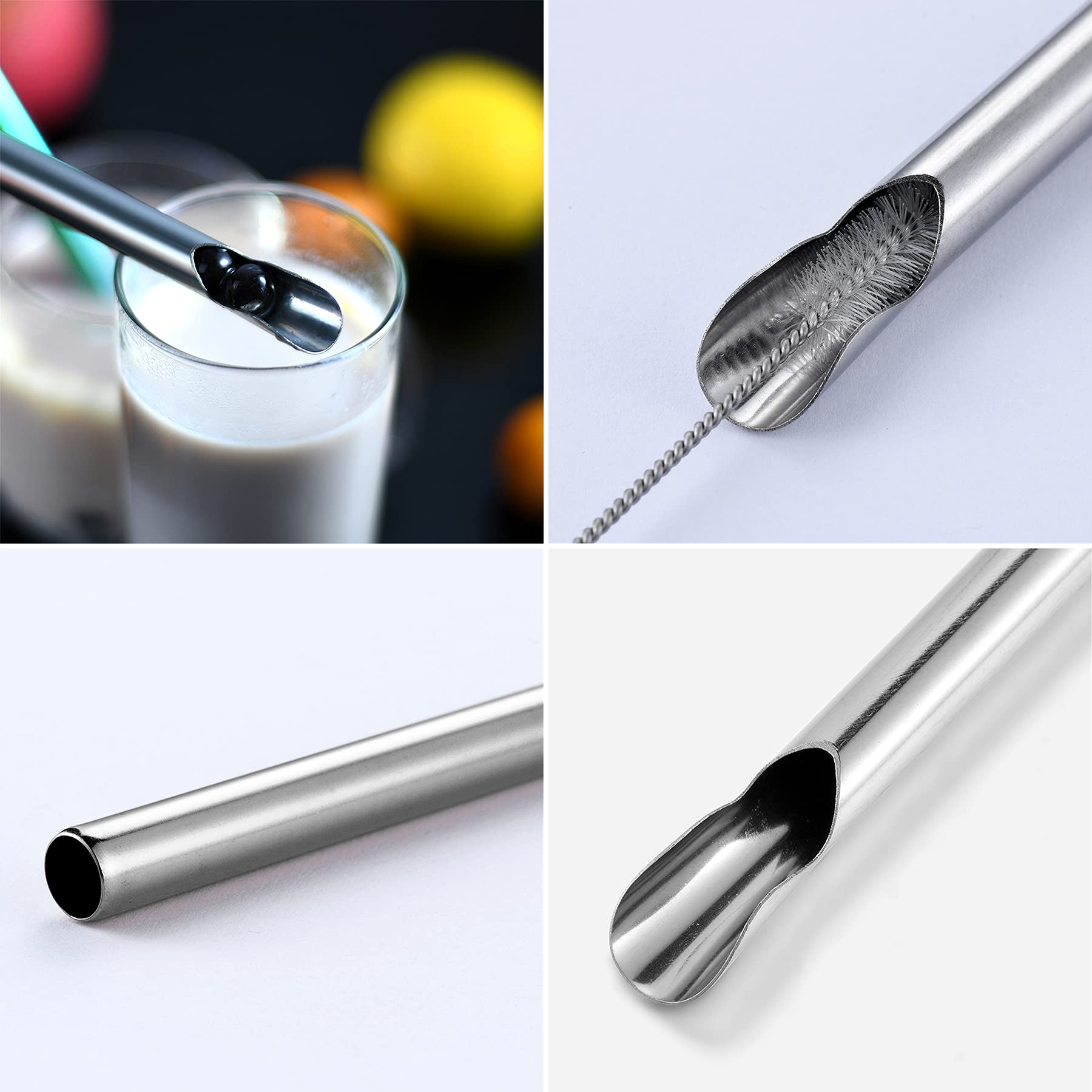 6PCS Reusable Straws Smoothie Drinking Straws 0.5" Wide, Bulckrew Stainless Steel Straw for Milkshake, Smoothies, Ice Cream Sundaes, Frozen Drink with 2 Cleaner-Silver