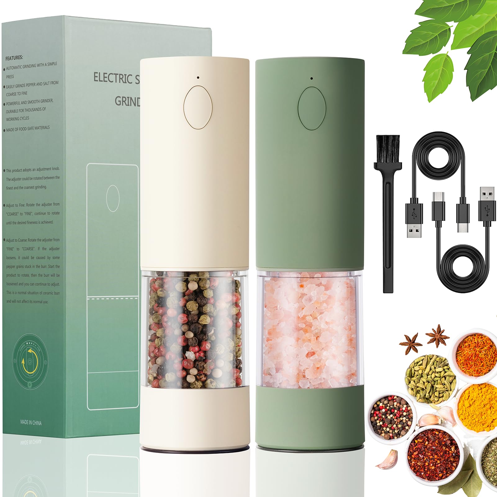 OPIIV 2 Pack Electric Salt and Pepper Grinder Set - USB Rechargeable Automatic Salt Pepper Mill Shaker with LED Light, Adjustable Coarseness, One Hand Operation (Sage/Buttercream)