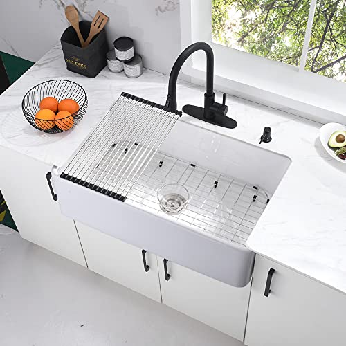 33 Inch Fireclay White Farmhouse Sink-Bokaiya 33x20 Apron Front Farmhouse Kitchen Sink Single Bowl Deep Porcelain Ceramic White Farm Sink