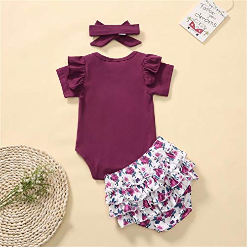 CETEPY Baby Girl Clothes Newborn Summer Outfits Infant 3Pcs Floral Pants + Short Ruffle Romper Playsuit + Headband Wine Red 0-3 Months 70cm