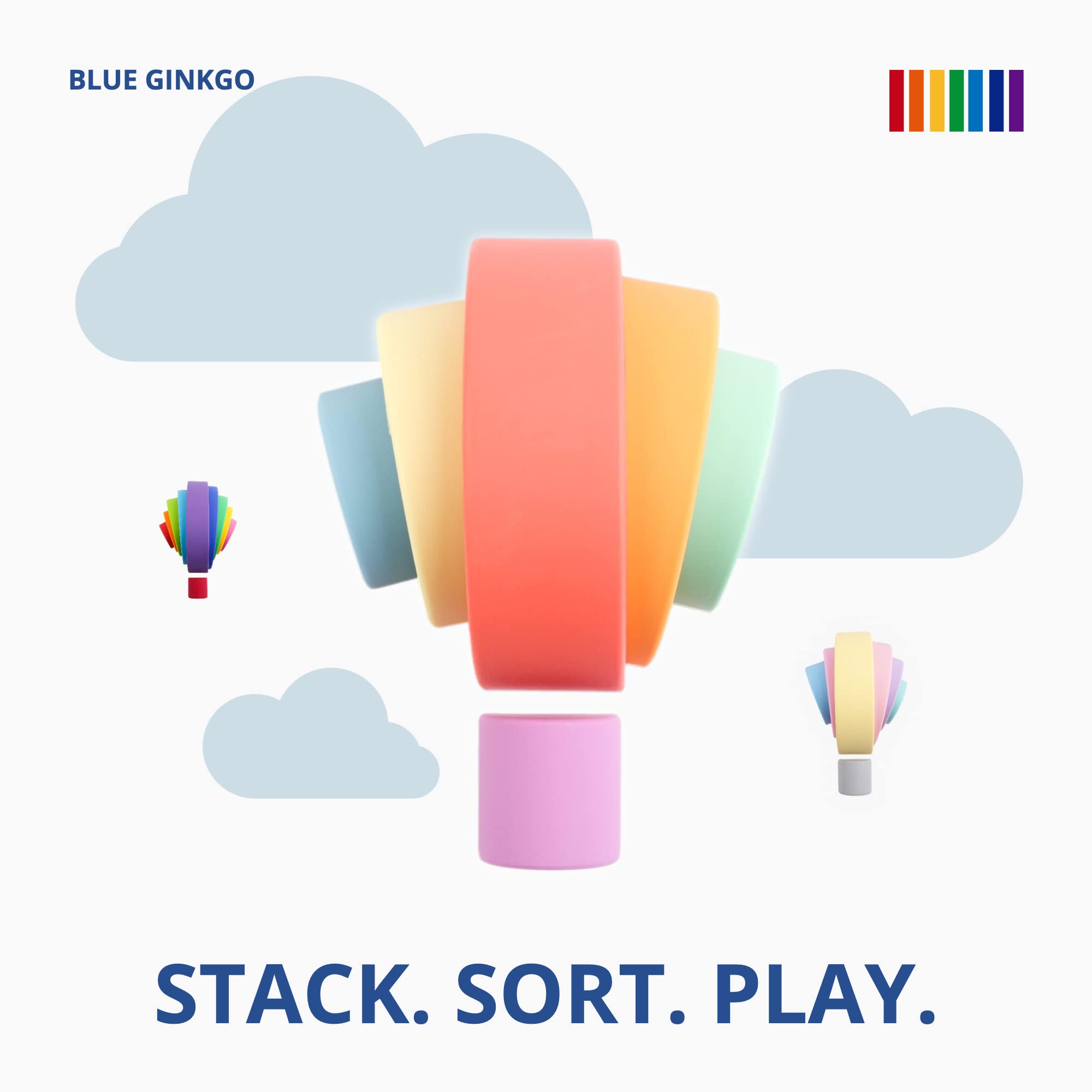 BLUE GINKGO Silicone Rainbow Stacker - Montessori Rainbow Nesting Puzzle | Kids and Toddler Stacking Toy | Stacking Rainbow Puzzle, Sensory Rainbow Toys - 6 Layers (Matte