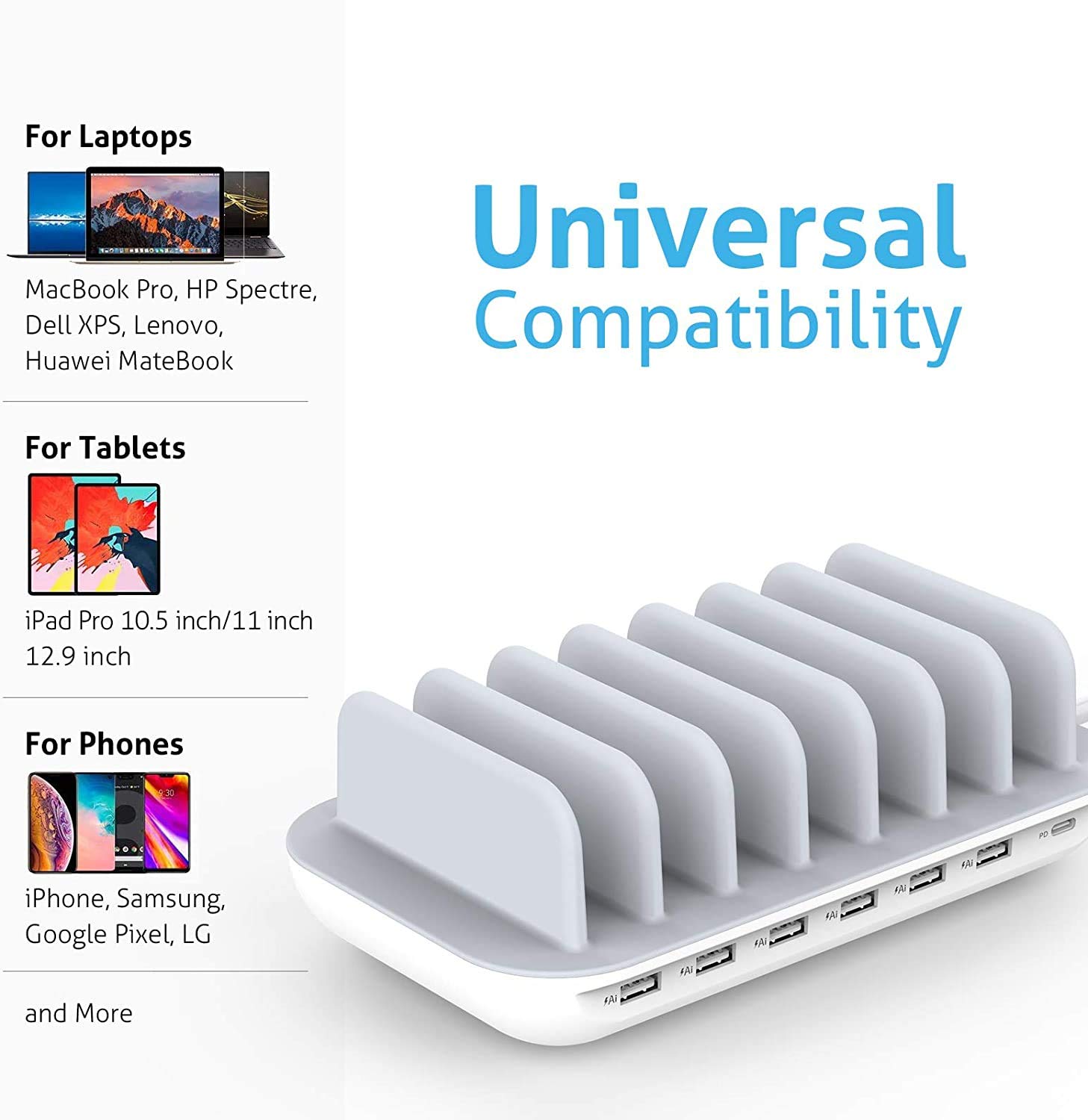 SooPii 70W 7 Port Charging Station for Multiple Devices,Charger Station with One 30W Power Delivery Port for Laptops,and 6 USB Ports for Smart Phones,Tablets,Other Electronics…