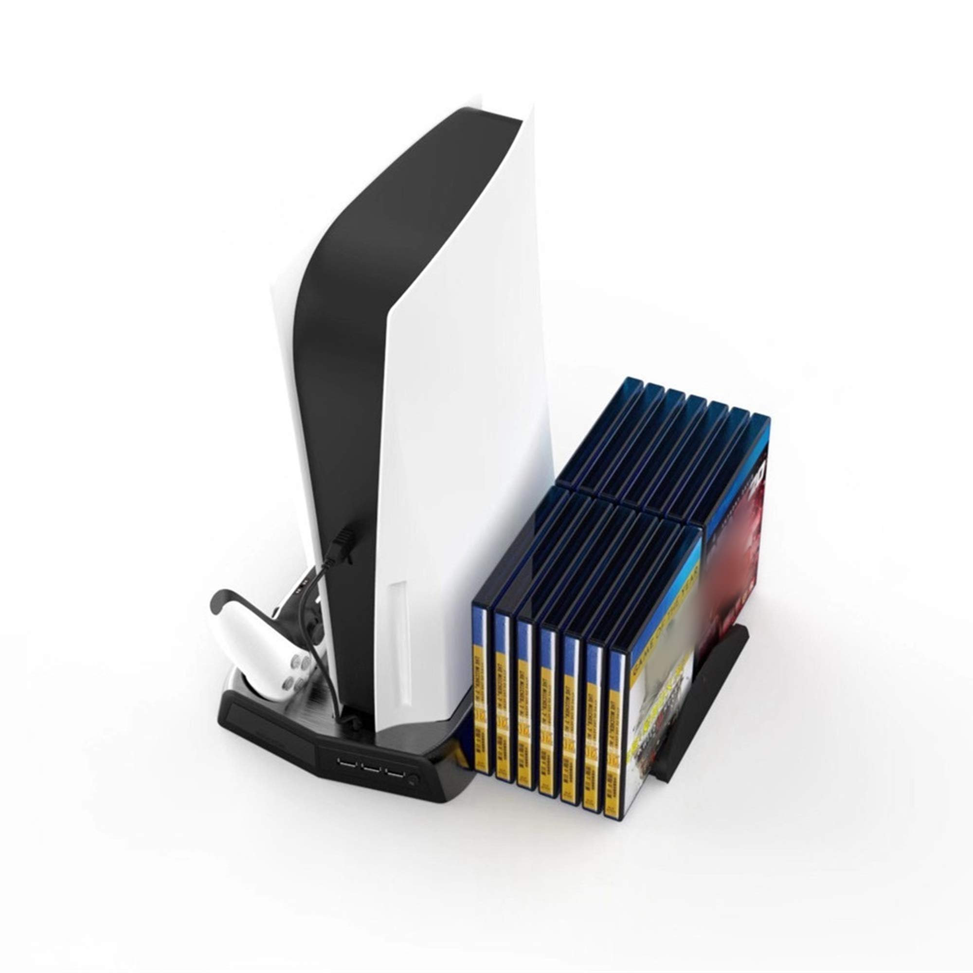 Cooling Fan for Ps5, 2-in 1 Vertical Stand with Dual Controller Charger Ports and 14 Game Rack Storage for Ps5 Cd/Digital Edition with 10pcs Thumb Joysticks