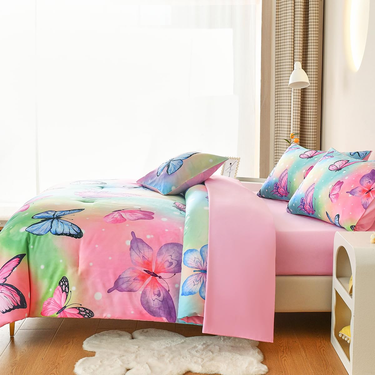 Tasselily Butterfly Bedding Set Full, Pink Butterfly Comforter Set for Girls Kids Teens 6 pcs Bed in a Bag Full Bedding Sets for Girls