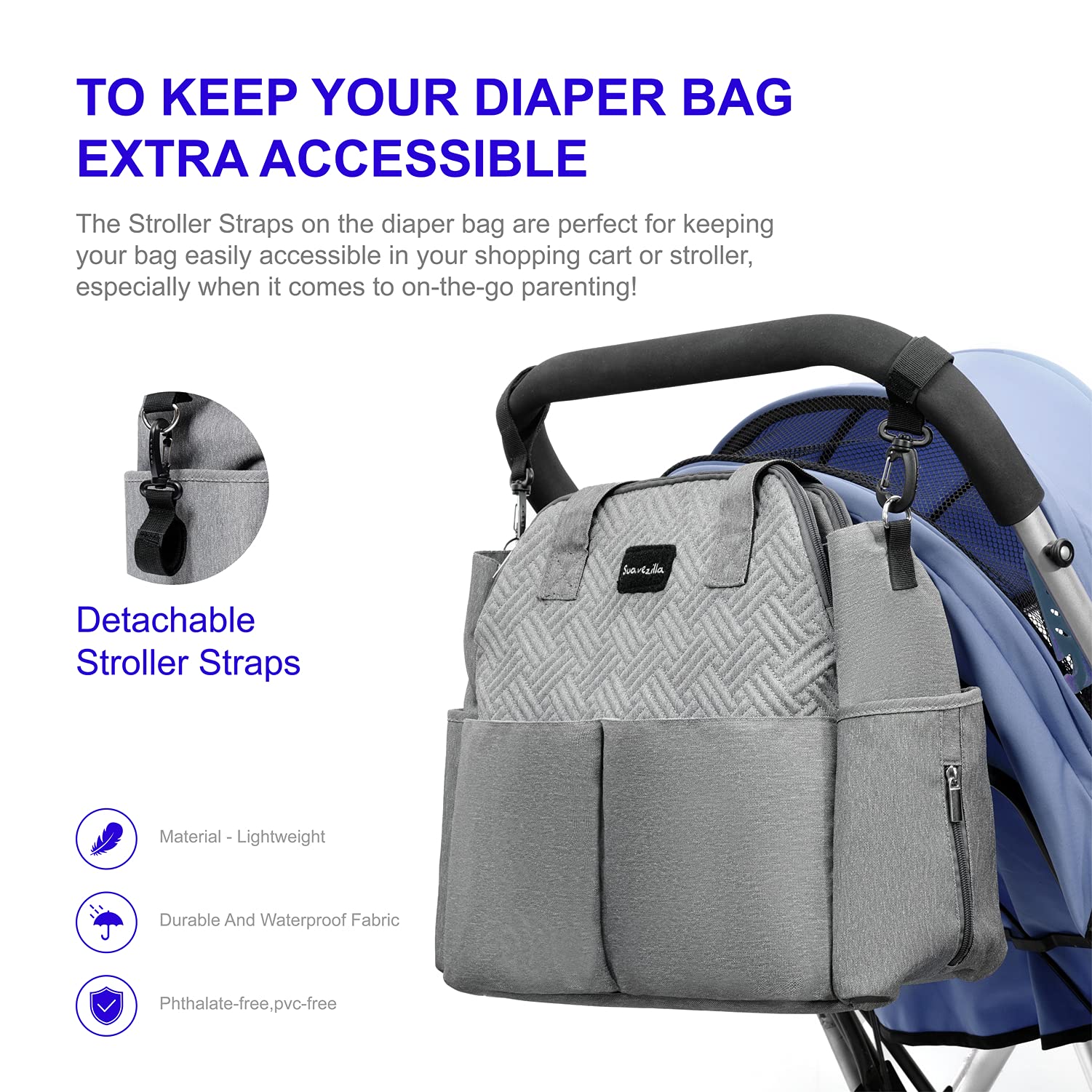 Suavezilla Diaper Bag, Multifunction Travel Tote Diaper Bag for Mom and Dad,Multi-Compartment Baby Bag for Boys and Girls with Changing Pad,Insulated Pockets,Large Capacity-Grey