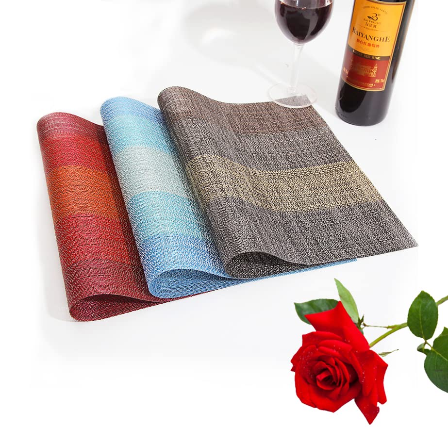 Canglifull Placemats Set of 6, Vinyl Woven Placemats, Beautiful Washable and Durable Non-Slip Table Placemats, Indoor/Outdoor Placemats (Blue, 6)