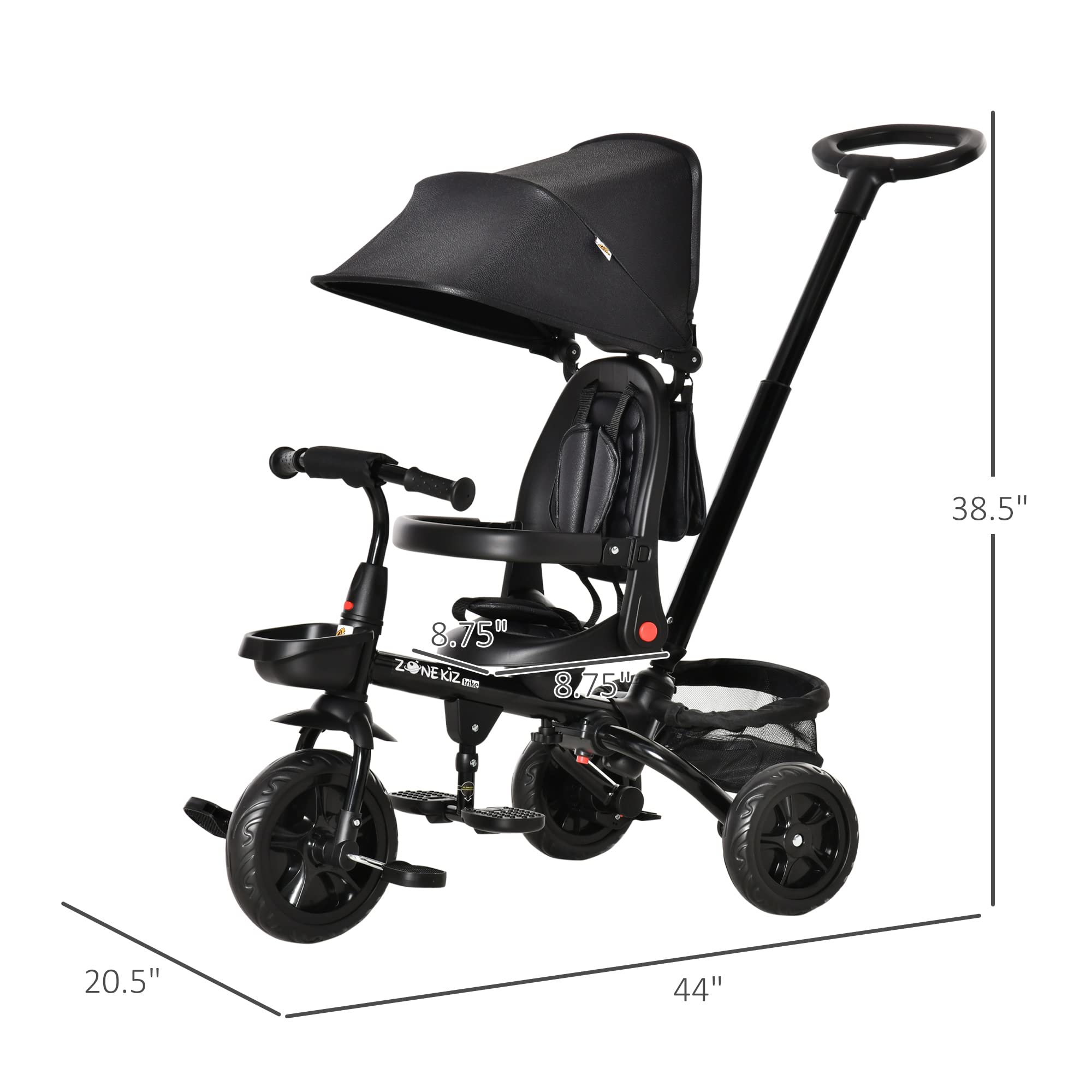 Qaba Kids Tricycle 4 in 1 Trike with Reversible Seat, 2.8'-3.1' Height Push Handle, Canopy, Handrail, Safety Belt, Storage Footrest Brake Clutch, for 1-5 Years Old, Black