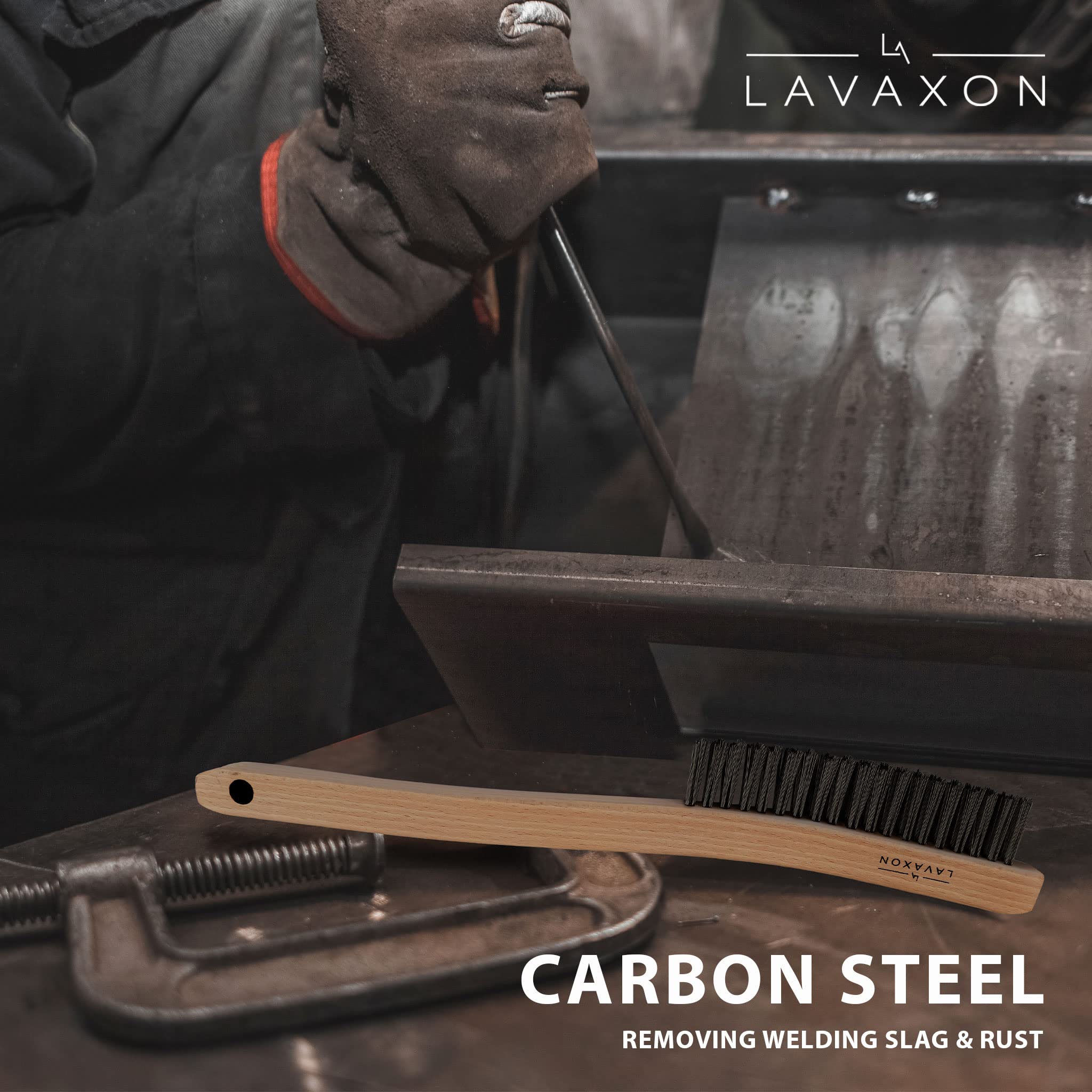 Lavaxon Wire Brush Set-Heavy Duty Stainless & Carbon Steel Bristles with Wood Handle Grip for Rust, Wielding Slag, Dirt & Paint Scrubbing with Deep Cleaning โ 14 Inches (Pack of 2)