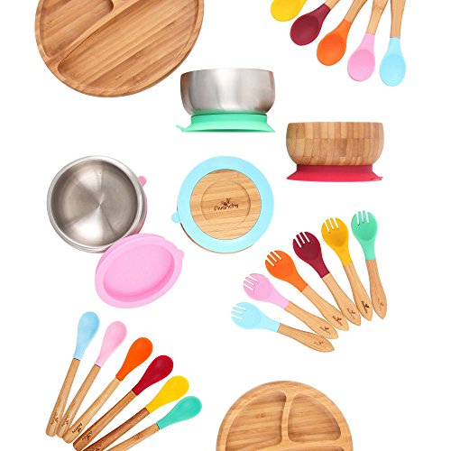 Avanchy Feeding Bamboo Silicone Baby Training Spoons with Plate and Bowl