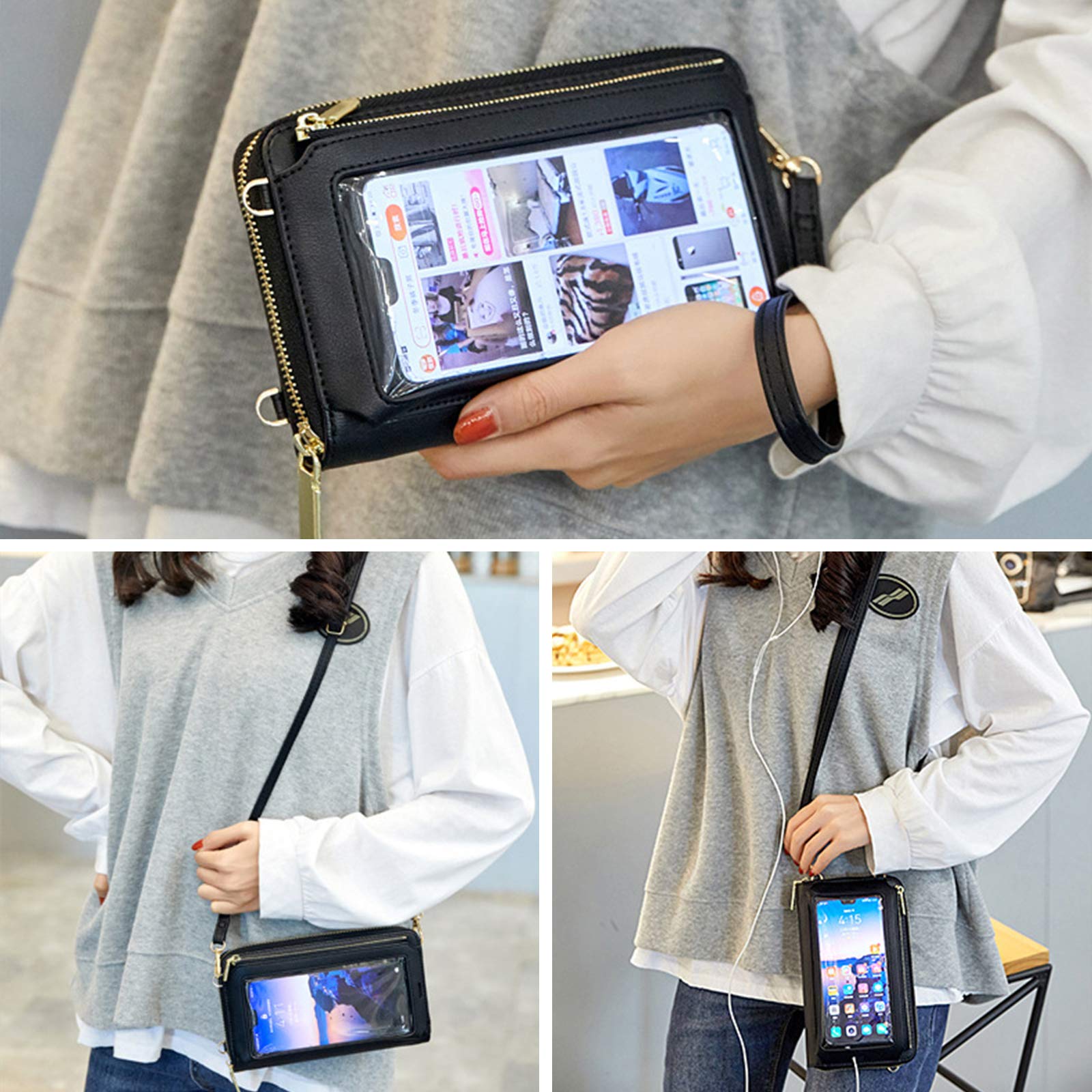 Women Touch Screen Purse Small Crossbody Phone Bag RFID Protection Wristlet Cell Phone Wallet (S-Black)