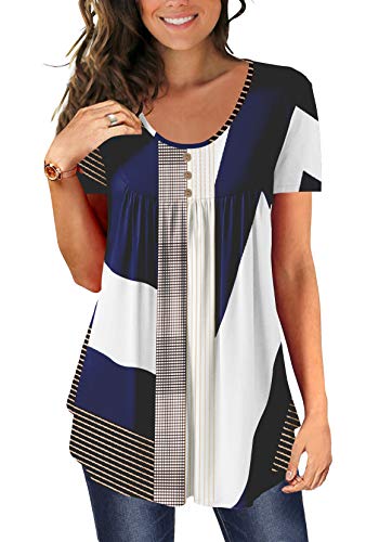 BeadChica Women's Tunic Tops For Leggings Short Sleeve Shirts Botton Up Casual Ruched Blouses Clothing Floral-XXL White Blue
