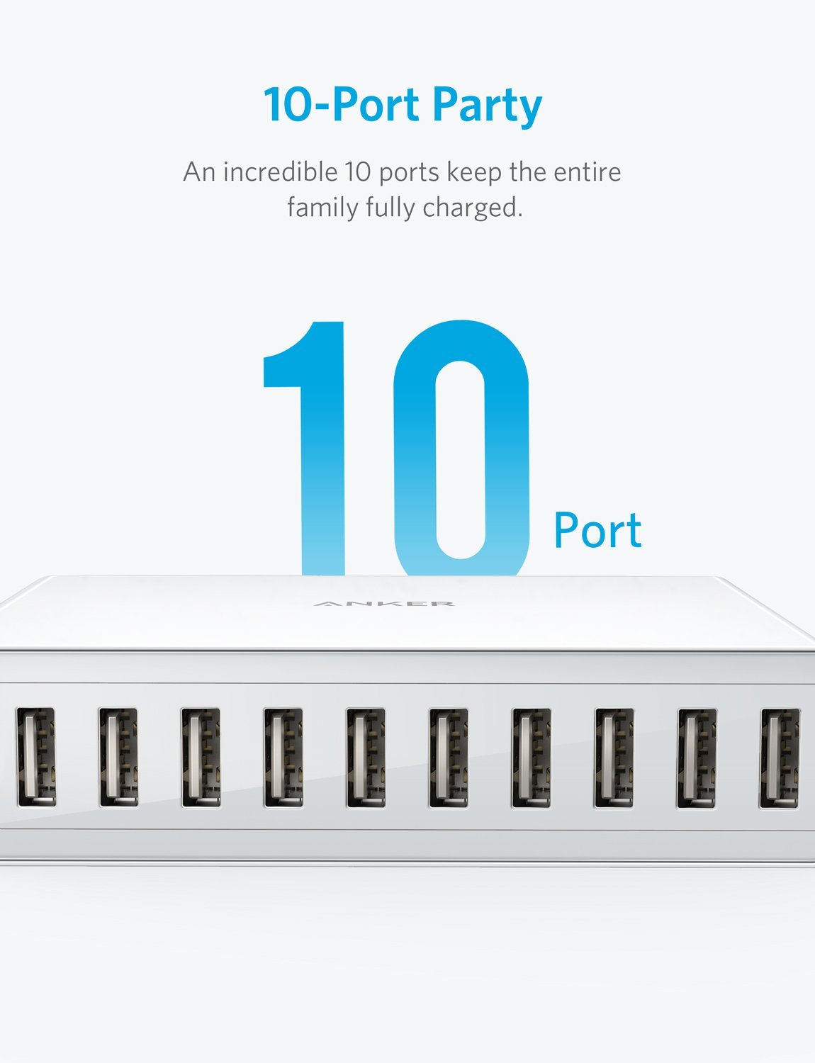 Anker 60W 10-Port USB Wall Charger, PowerPort 10 for iPhone Xs/XS Max/XR/X/8/7/6s/Plus, iPad Pro/Air 2/Mini, Galaxy S9/S8/S7/Plus/Edge, Note 8/7, LG, Nexus, HTC and More