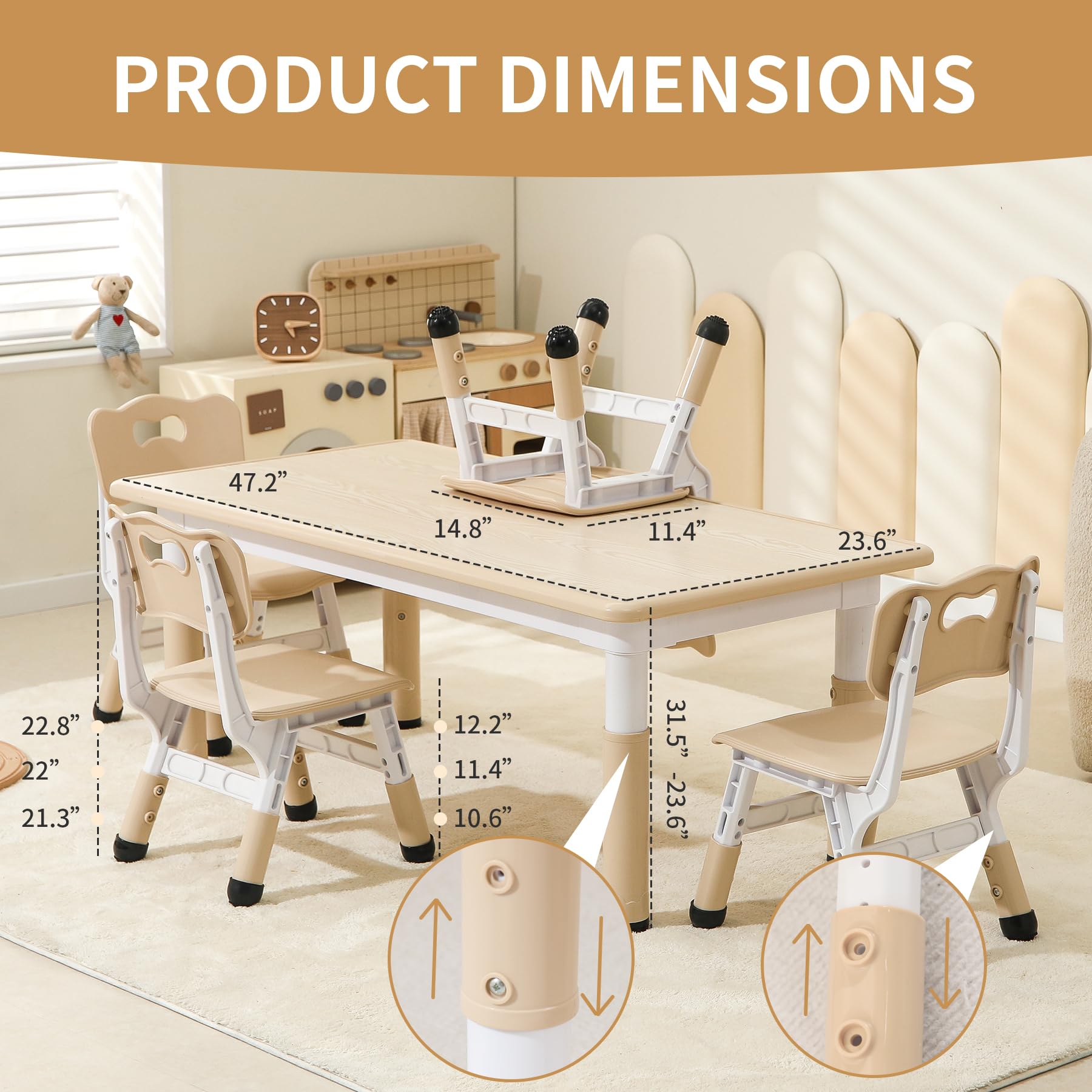 Hulaibit Kids Table and 4 Chairs Set, Height Adjustable Toddler Table and Chairs Set, Graffiti Desktop Children Activity Table for Ages 2-10, Daycare, Classroom, HOM