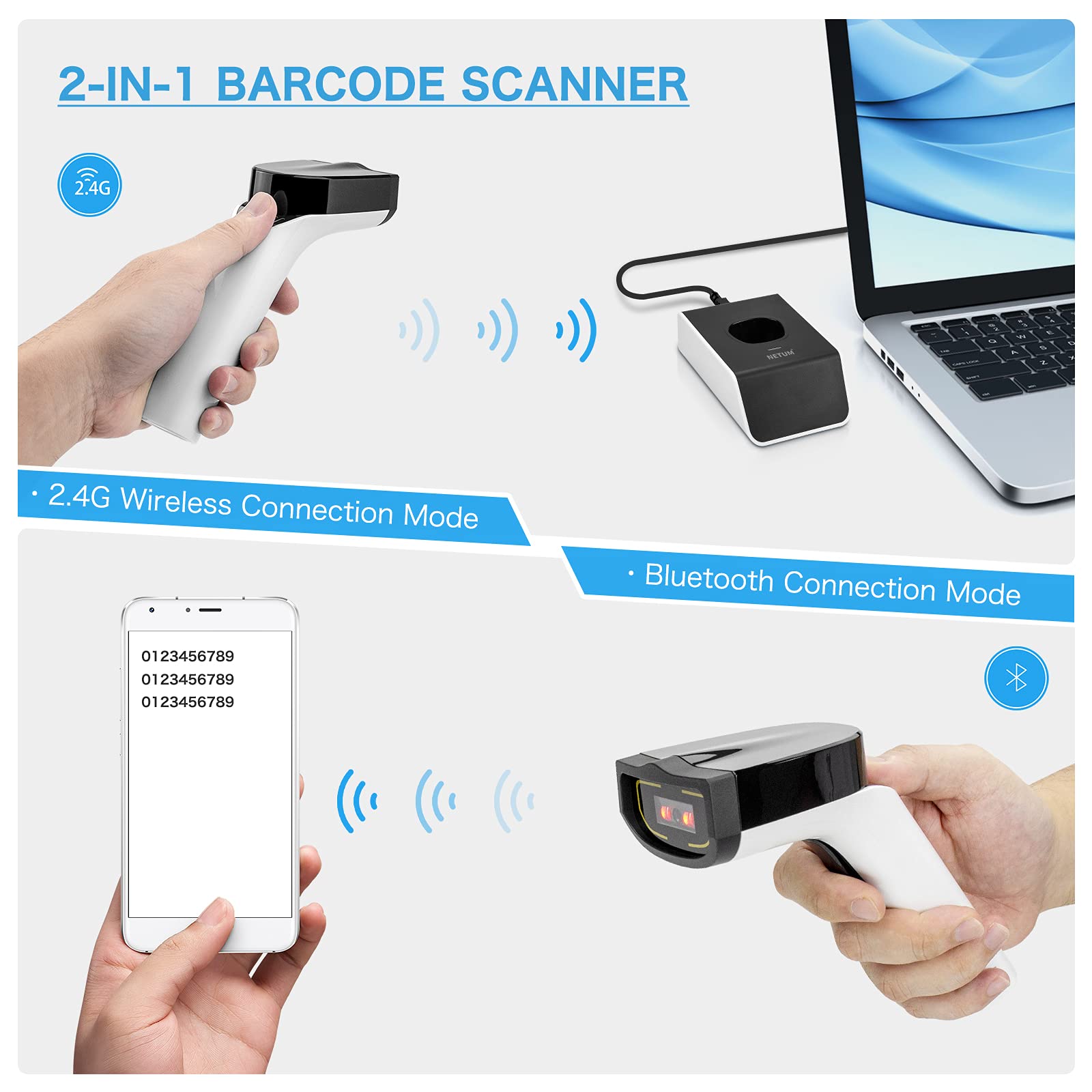NETUM Fashionable Bluetooth Wireless 1D Barcode Scanner, Hands Free CCD Barcode Reader with Stand and Built-in Memory, Works with MAC OS, Windows, iOS, Android -DS5000
