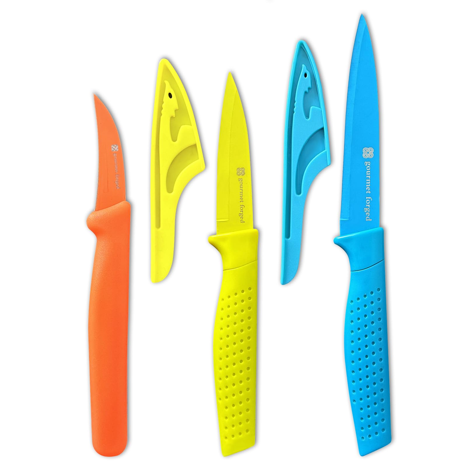 Gourmet Forged ColorSlice 3 PC Color-Coded Paring Knife Set. 5" Fruit Knife, 3.5" Paring, 3" Bird Beak Hook Peeler Curved Non Stick Dishwasher Safe Knives Sharp Stainless Steel Anti Rust