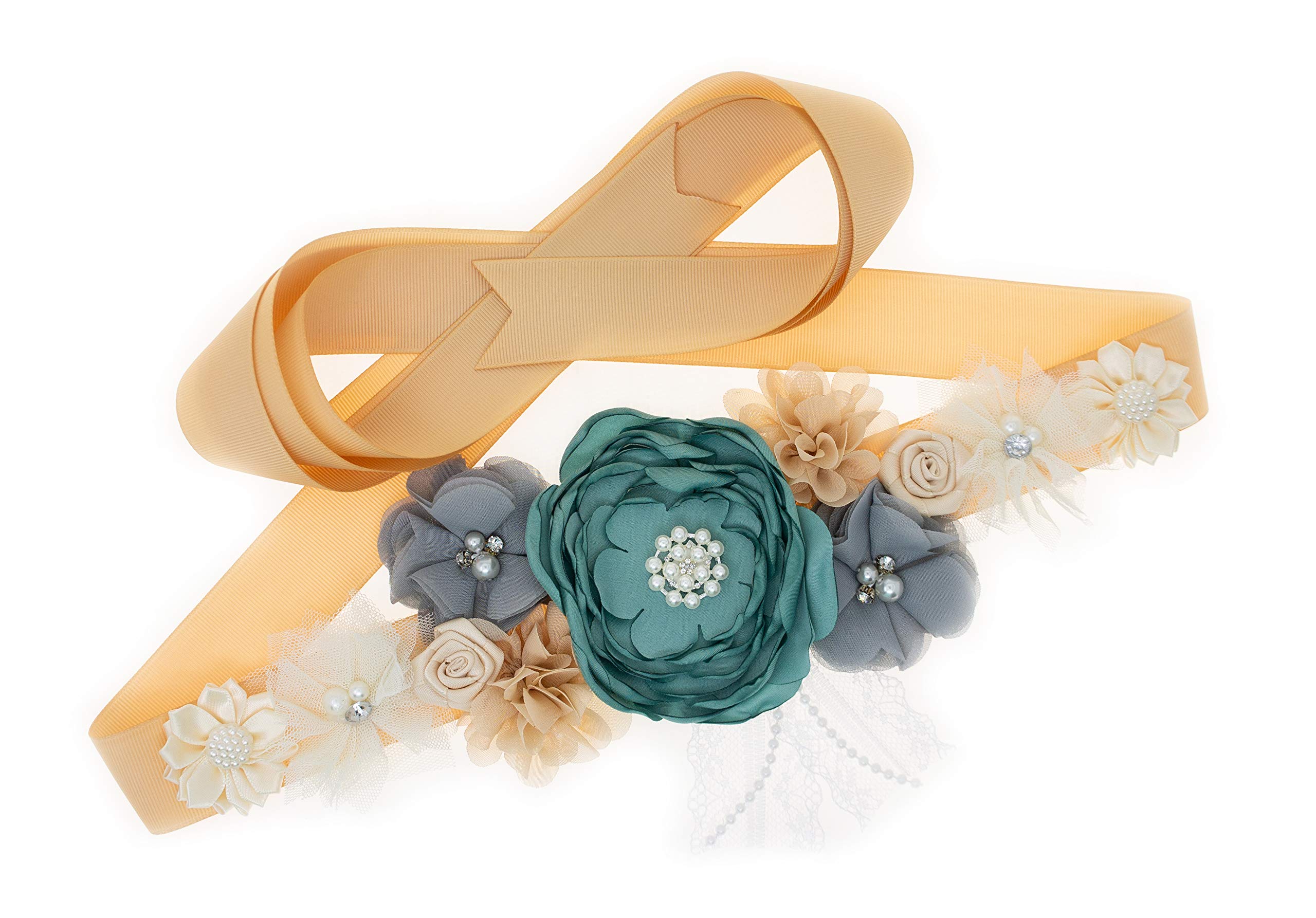 Sage Forest Green Flower Belt Sash Bridal Maternity Belly Band Brown Gray Flowers Baby Shower Gender Reveal Keepsake Gift