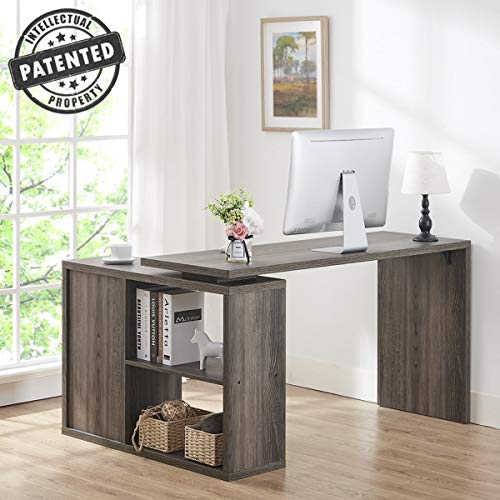 HSH L Shaped Computer Desk, Rustic Wood Corner Desk, Industrial Writing Workstation Table with Cabinet Drawer Storage for Home Office Study, Grey 55 inch