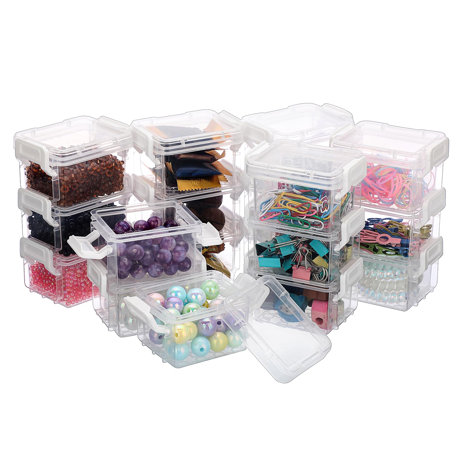 BTSKY 18 Packs Small Storage Containers with Lids, Stackable 0.14 QT Storage Bins Plastic Mini Latch Box-3 Pack Mini Boxes with 1 Lid,Clear Craft Organizer Box for Beads Jewelry Hair Accessory,White