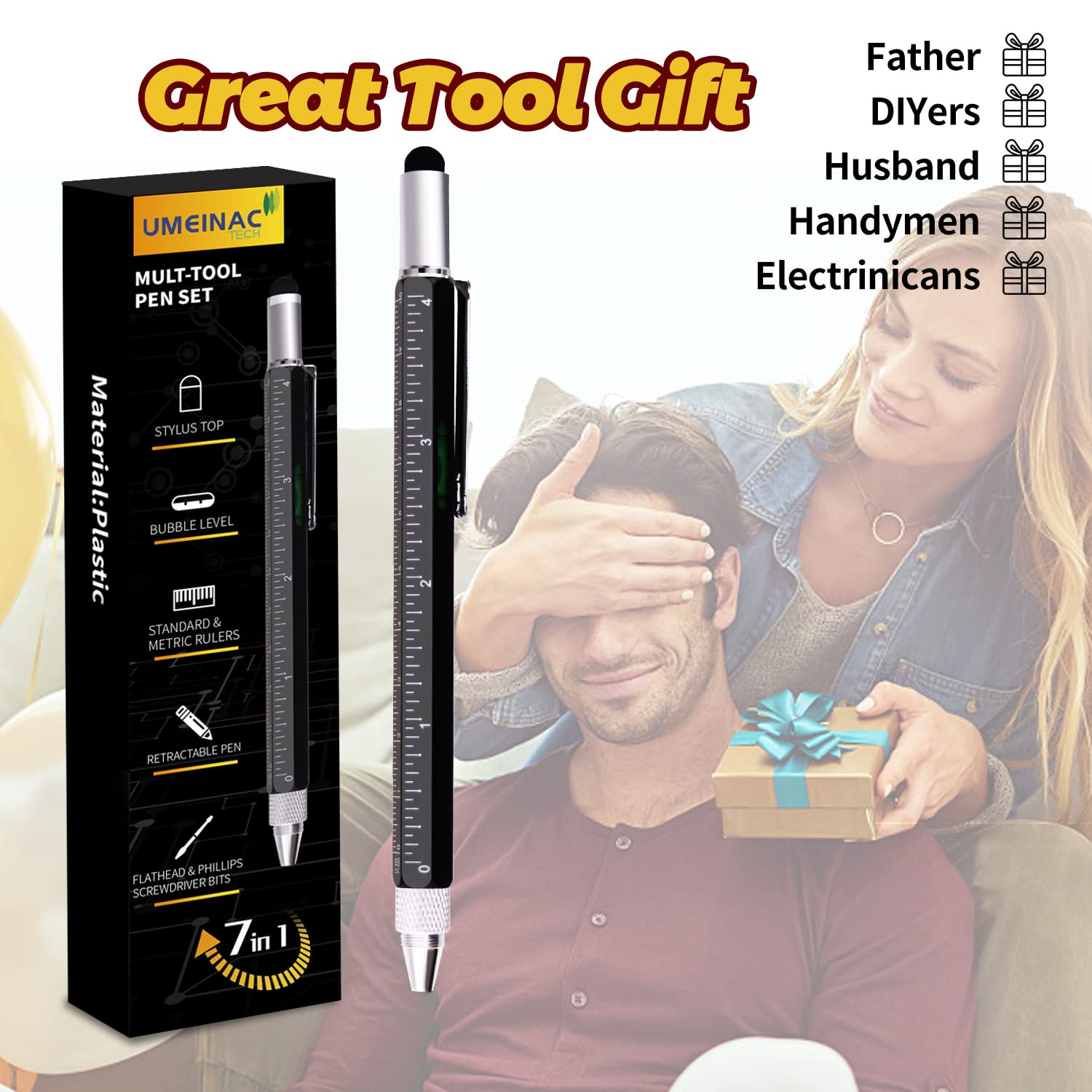 7 in 1 Multitool Pen, Multitool Tech Tool Pen for Men, Aluminum Construction Tools Gadget Stocking Stuffers Gifts for Dad Husband Father - Silver