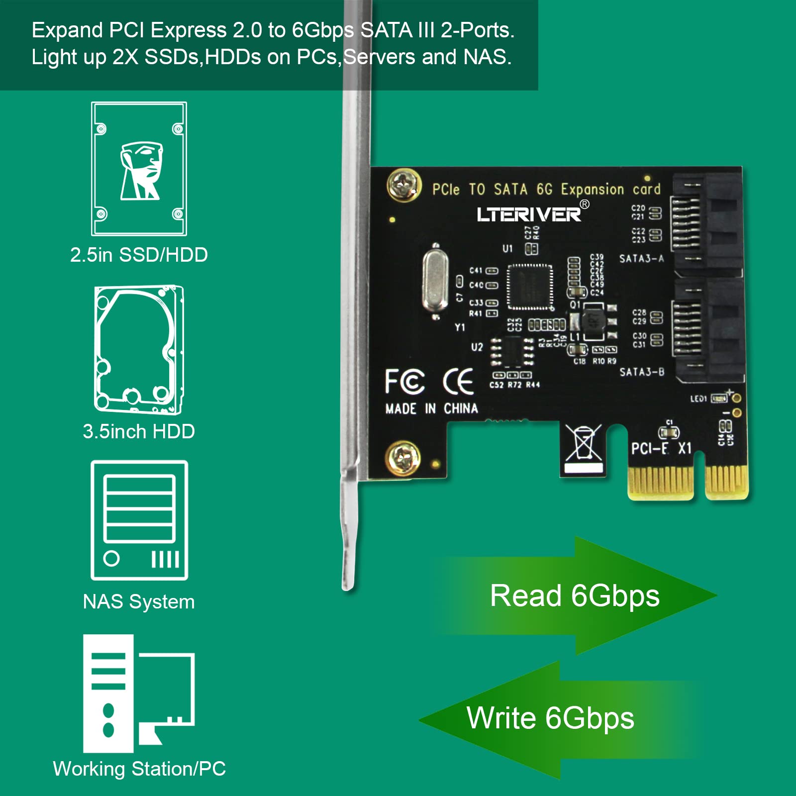 LTERIVER PCIE to 2-Ports Serial ATA/SATA 3.0 Host Controller Card, Plug and Play on Windows OS, MAC OS and Linux Kernel PCs, 2X 6Gbps Max SATA 3.0 None Raid Ports-Support AHCI Boot Up (PCE-G2S2)