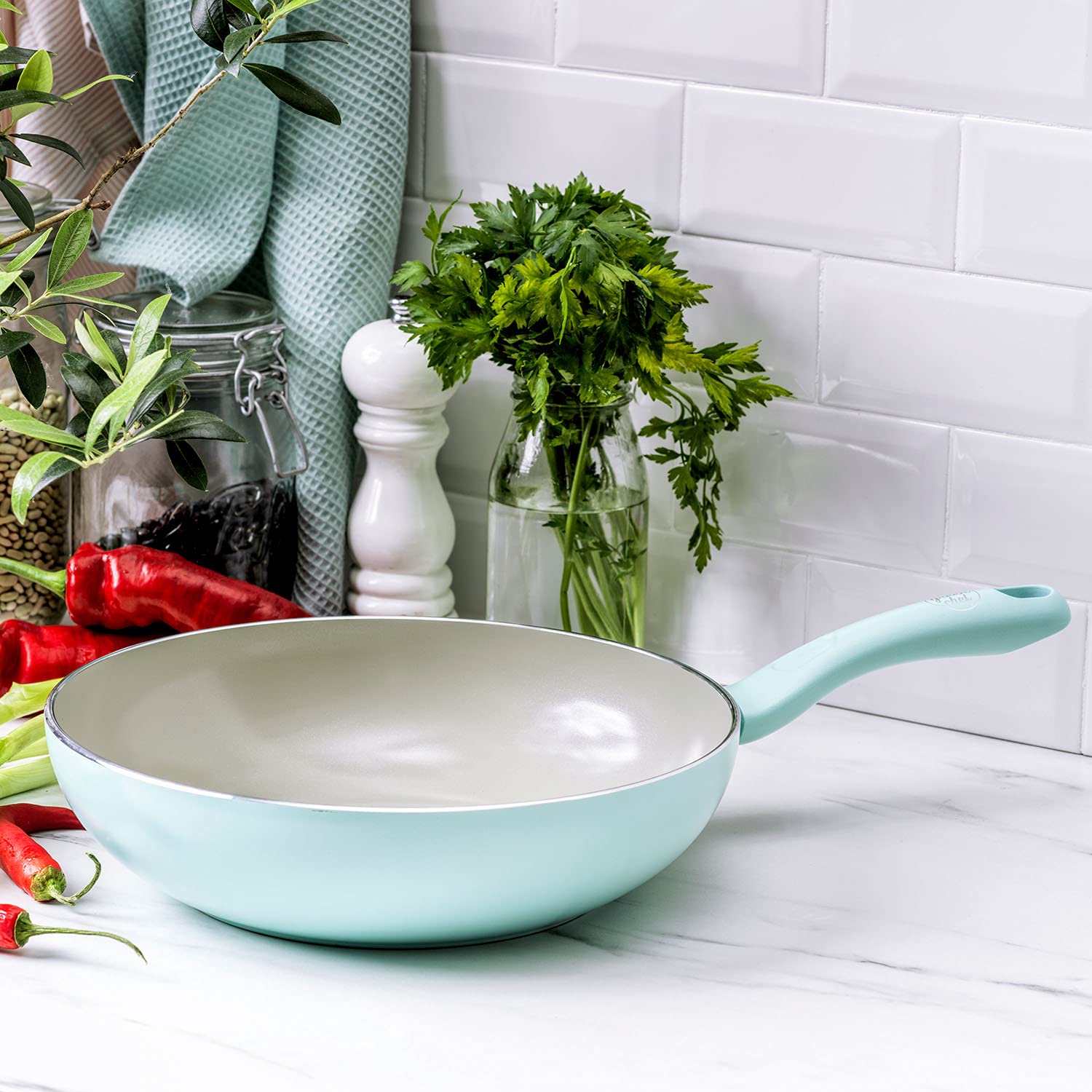 Greenpan Green Chef Deep Wok Pan, 11.0 inches (28 cm), IH Compatible, Ceramic Finish, Non-Stick Interior and Exterior for Easy Cleaning, Non-Toxic Materials, Earth Color, Mint Green