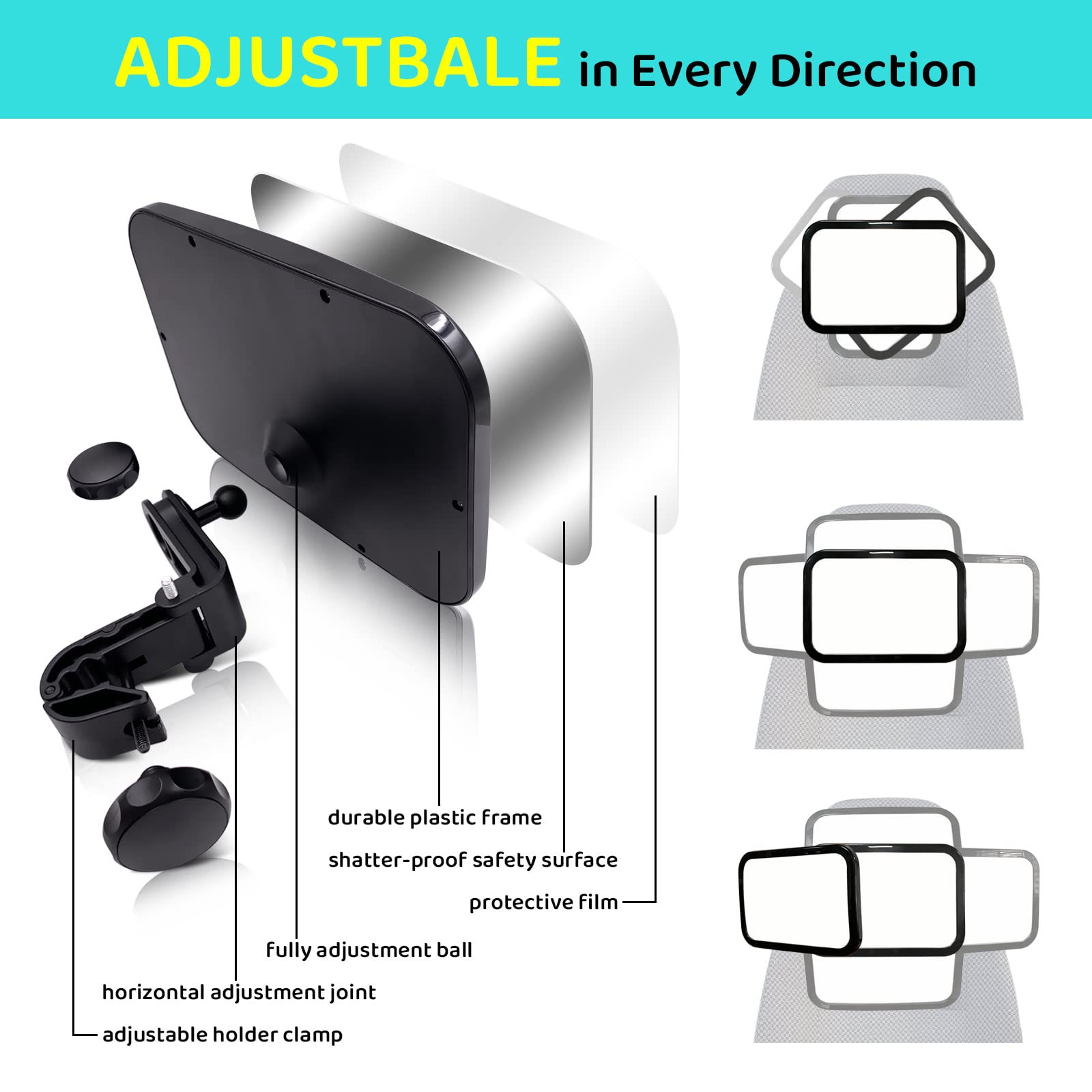 KINSEI Baby Car Mirror Safety Car Seat Mirror for Rear Facing Infant with Wide Crystal Clear View Shatterproof Fully Assembled Newborn Safety with Secure Headrest Clamp Holder