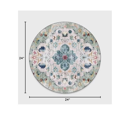 Small Round Boho Rug 2ft Washable Chic Area Rugs Farmhouse Vintage Distressed Circle Floor Mats Carpet for Bedroom Bathroom Entryway